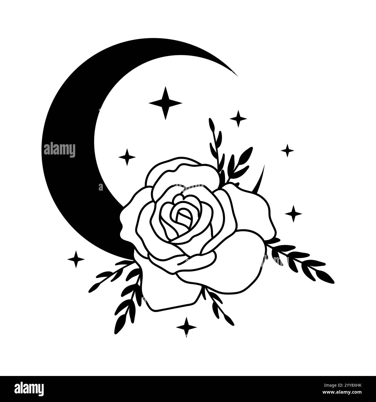 Celestial outline crescent moon with flowers and stars Stock Vector ...