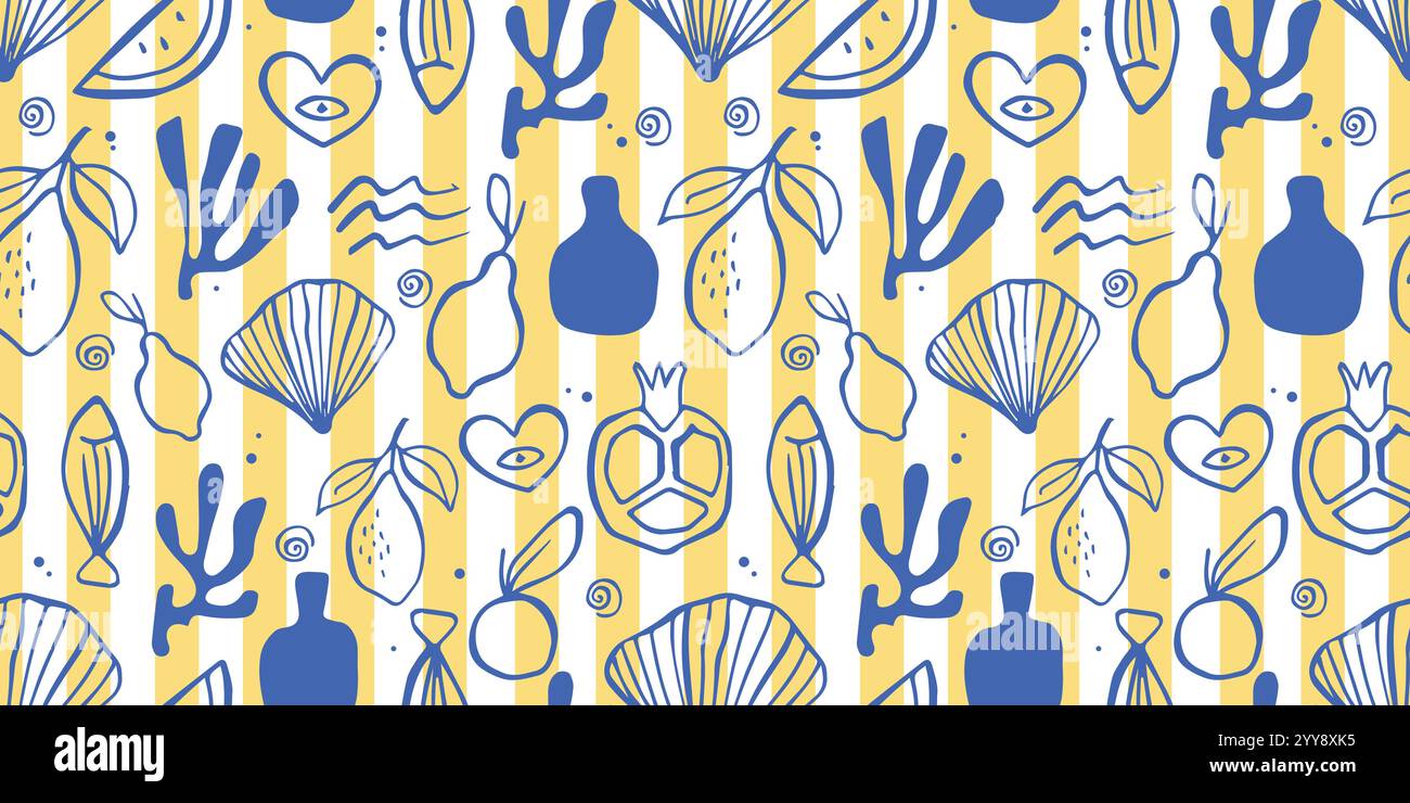Mediterranean modern seamless patern with sketch style illustrations ...