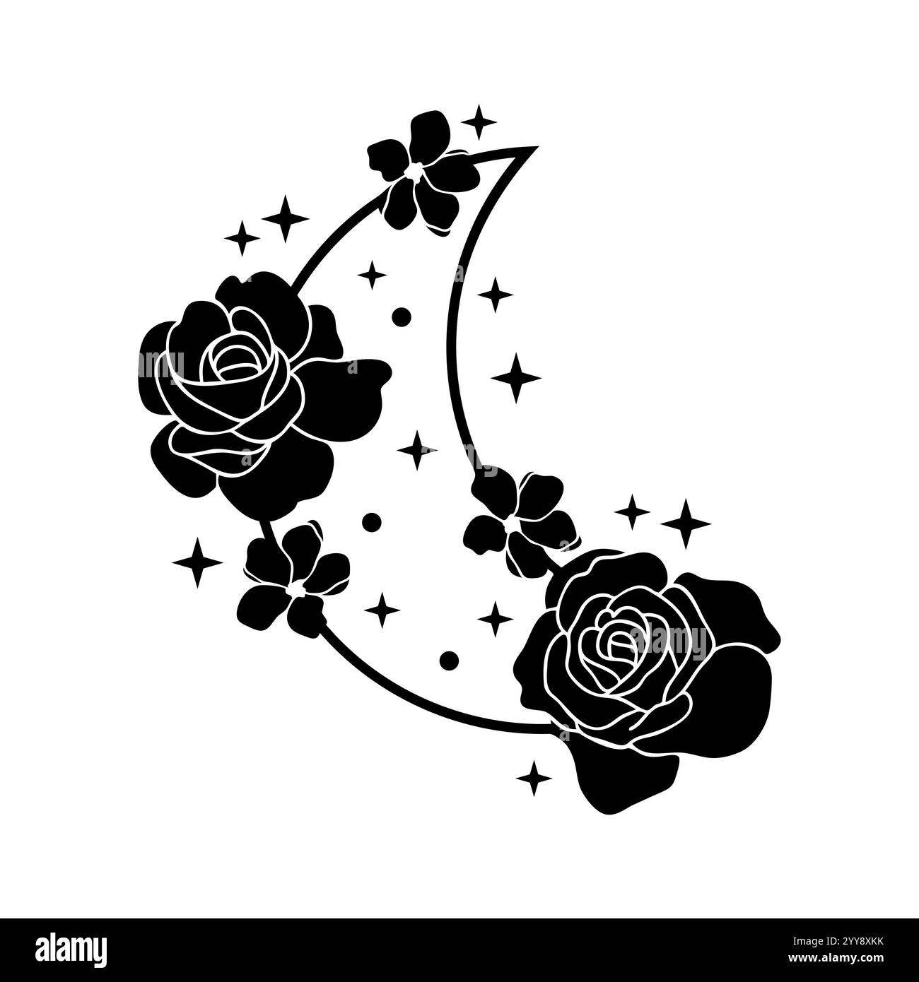 Celestial outline crescent moon with flowers and stars Stock Vector ...