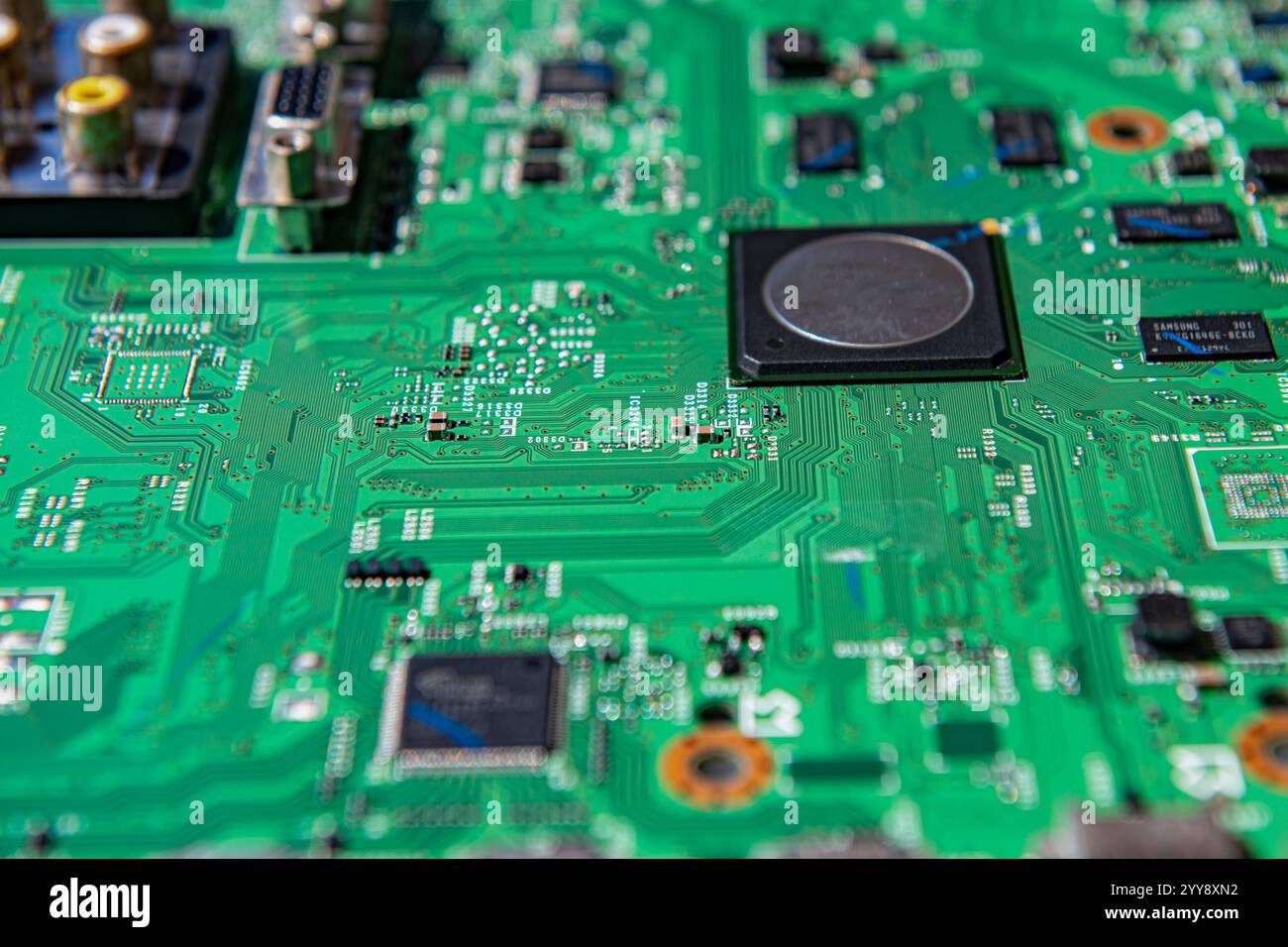 CPU electrons background. Motherboard closeup. Circuit board with electrons. Electronic circuit ...