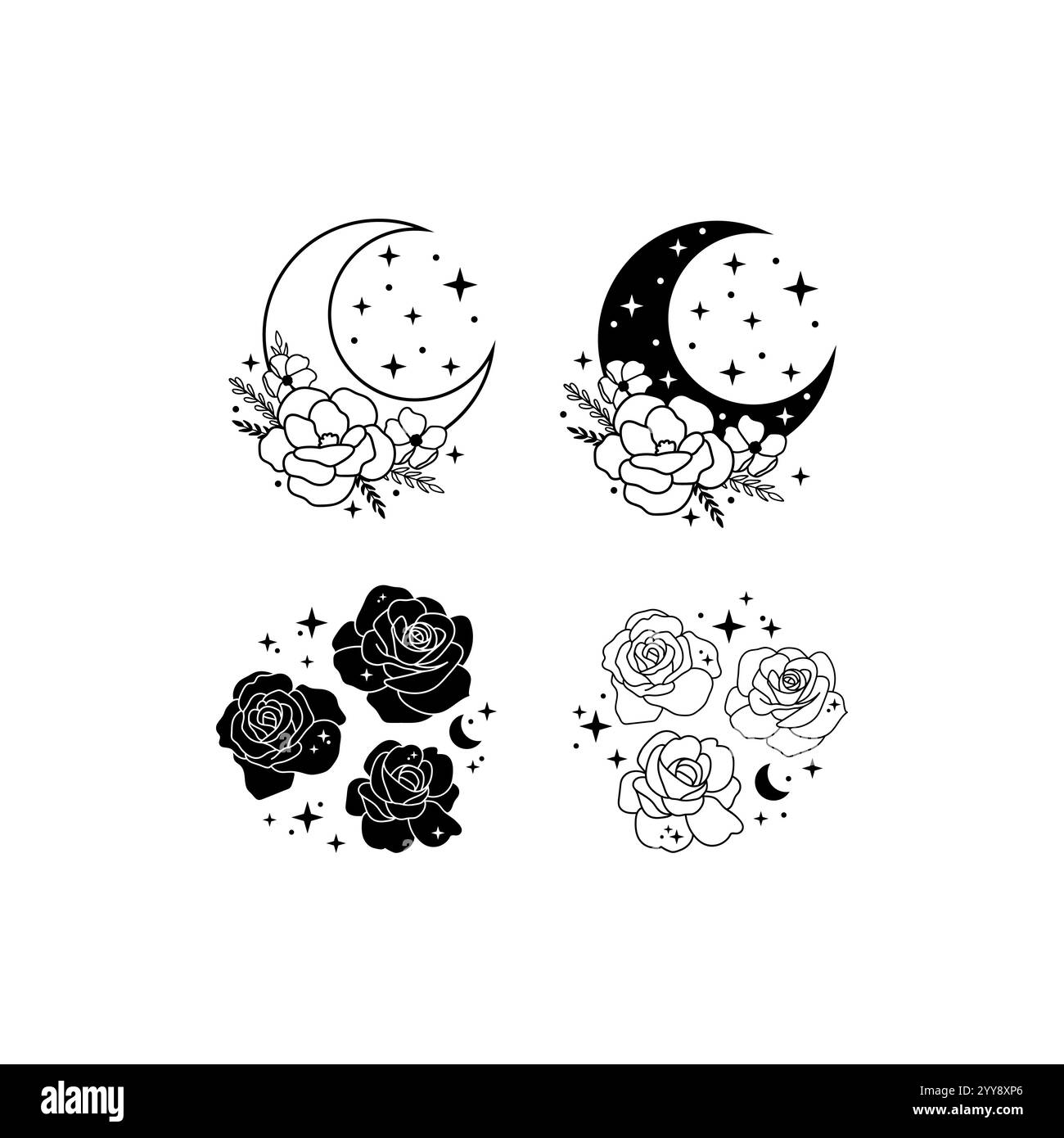 Blooming crescent moon with flowers and stars vector illustrations set ...