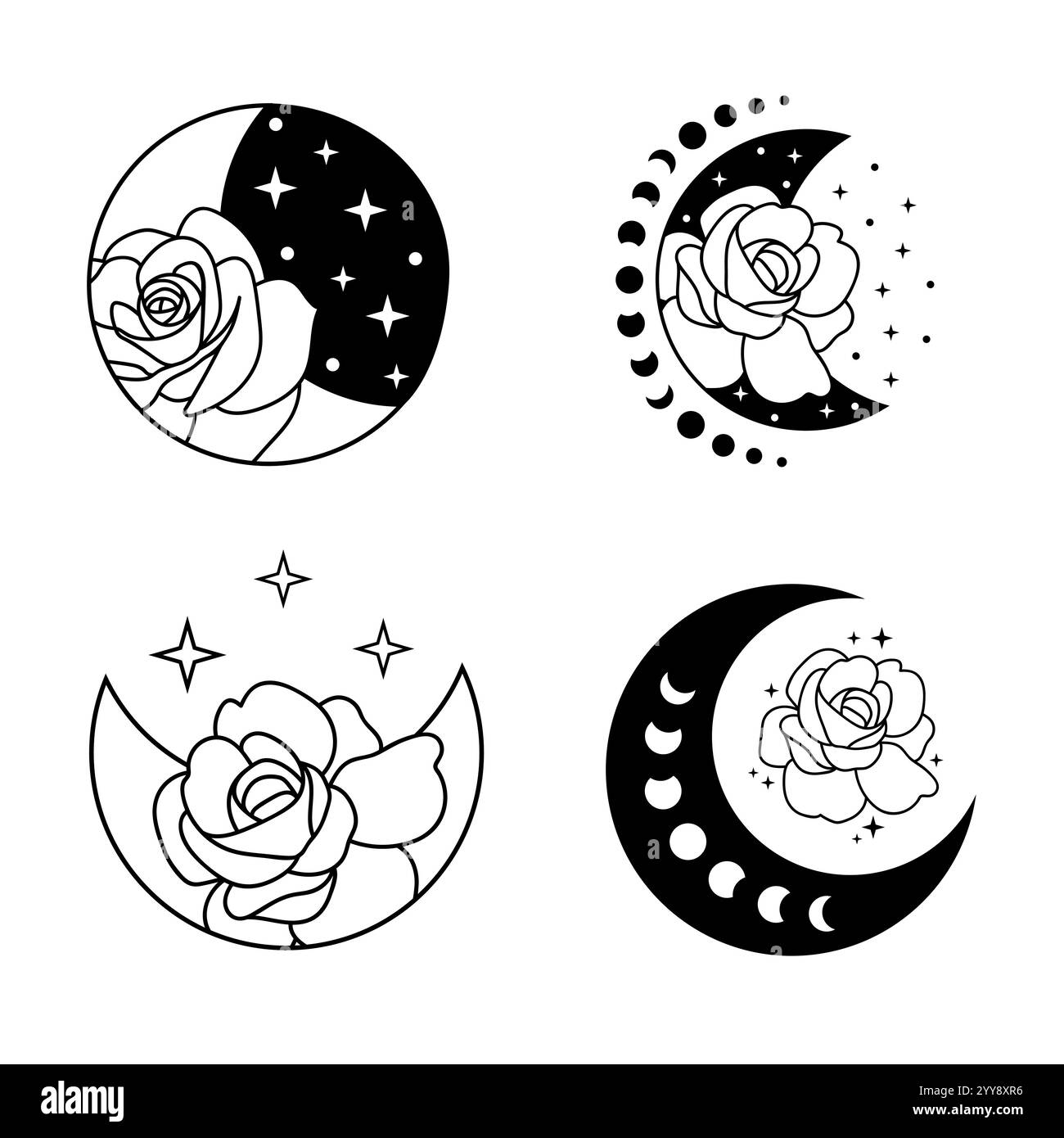 Celestial outline crescent moon with flowers and stars Stock Vector ...