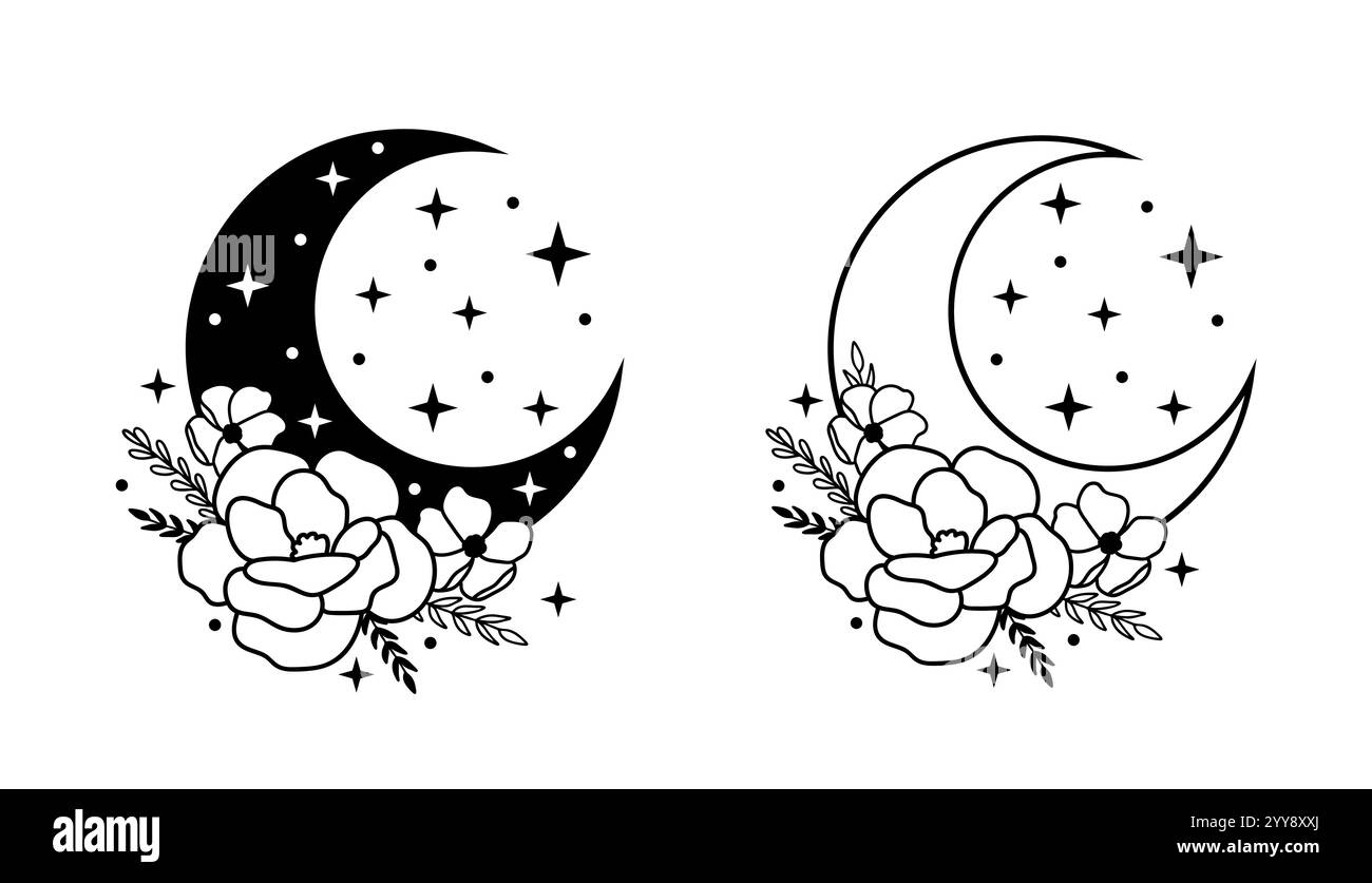 crescent moon with flowers and stars Stock Vector Image & Art - Alamy