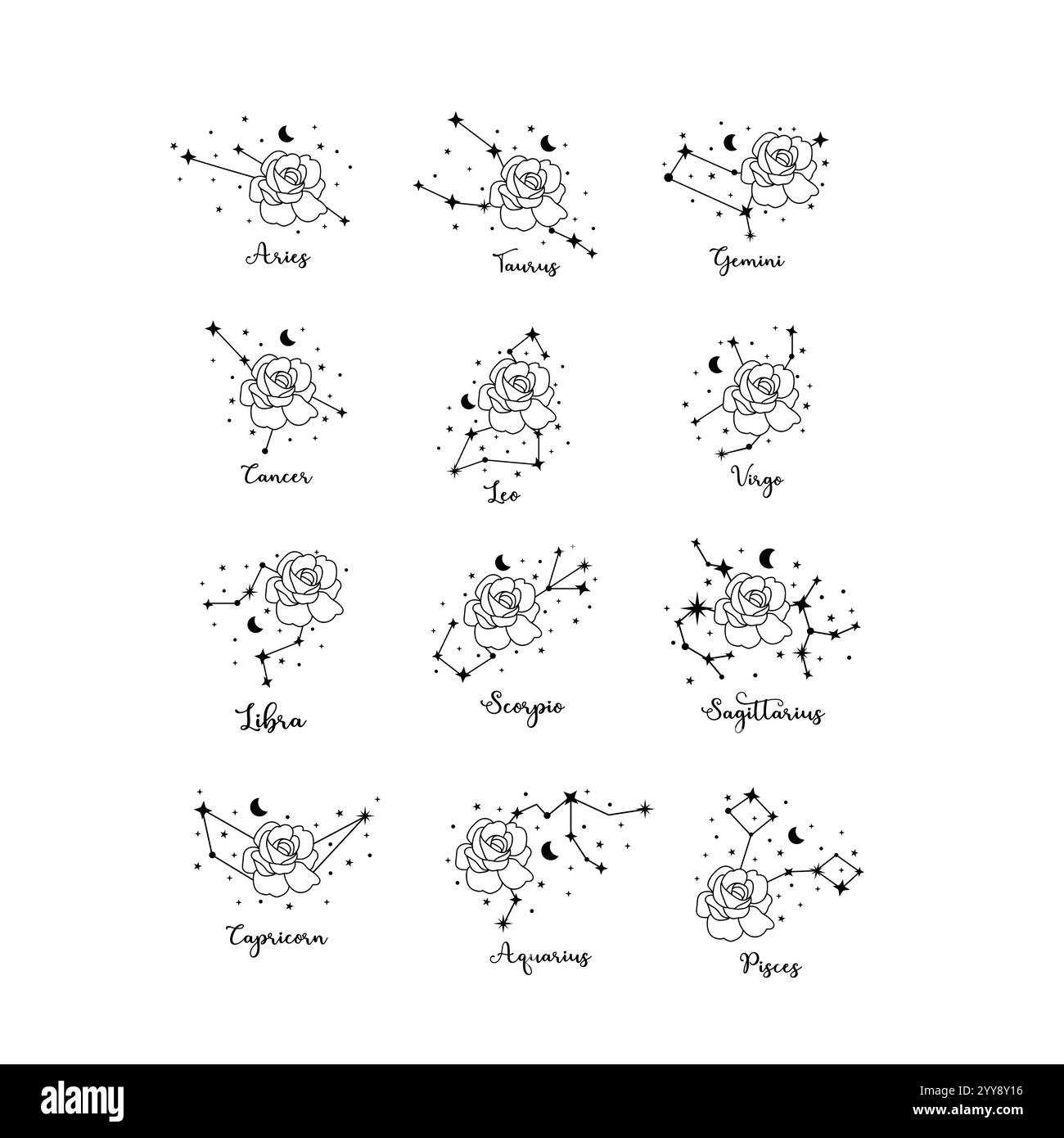 12 zodiac signs with moon, flower and stars. Celestial constellations ...