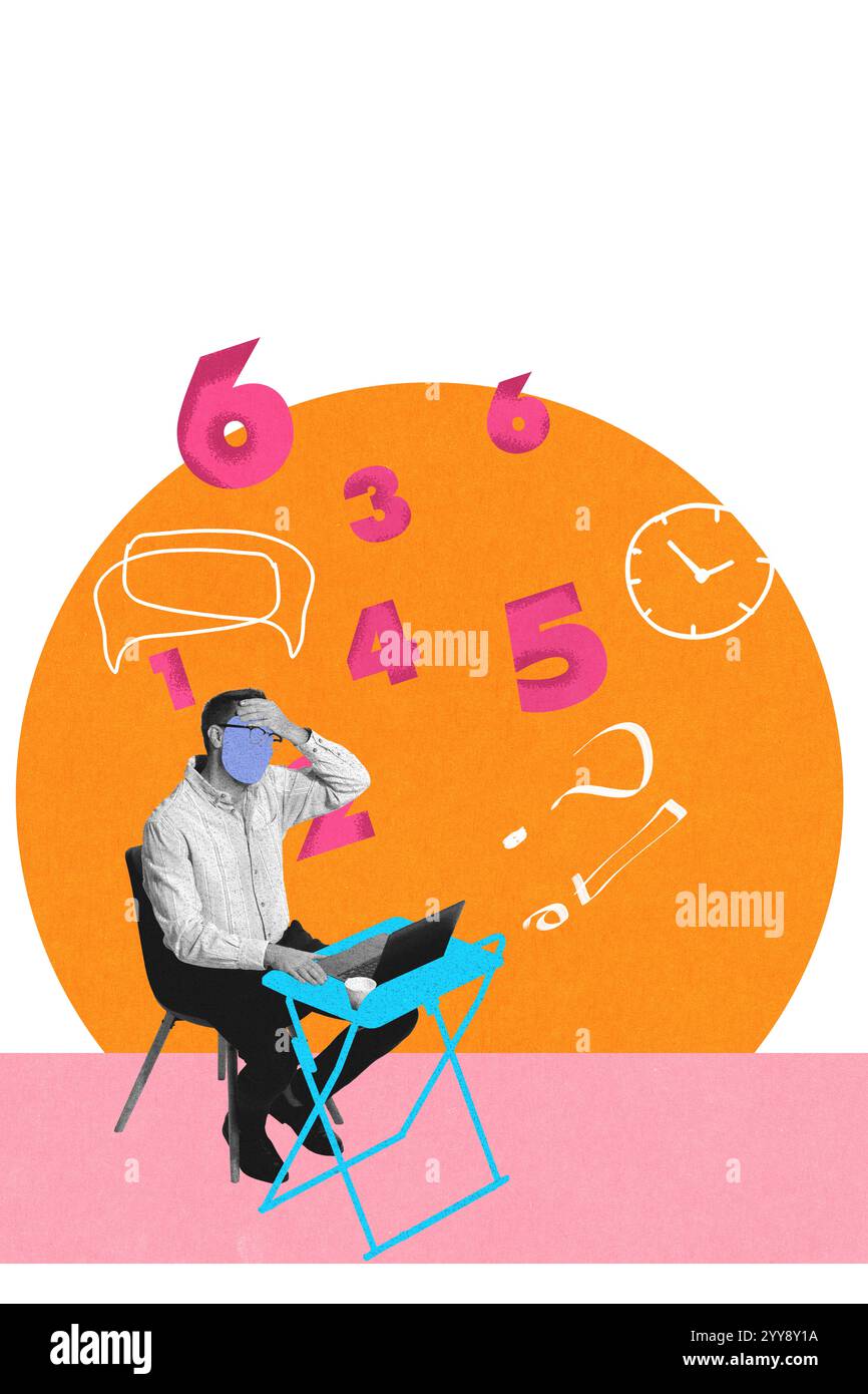 Thoughtful man working on laptop surrounded by floating numbers and ...