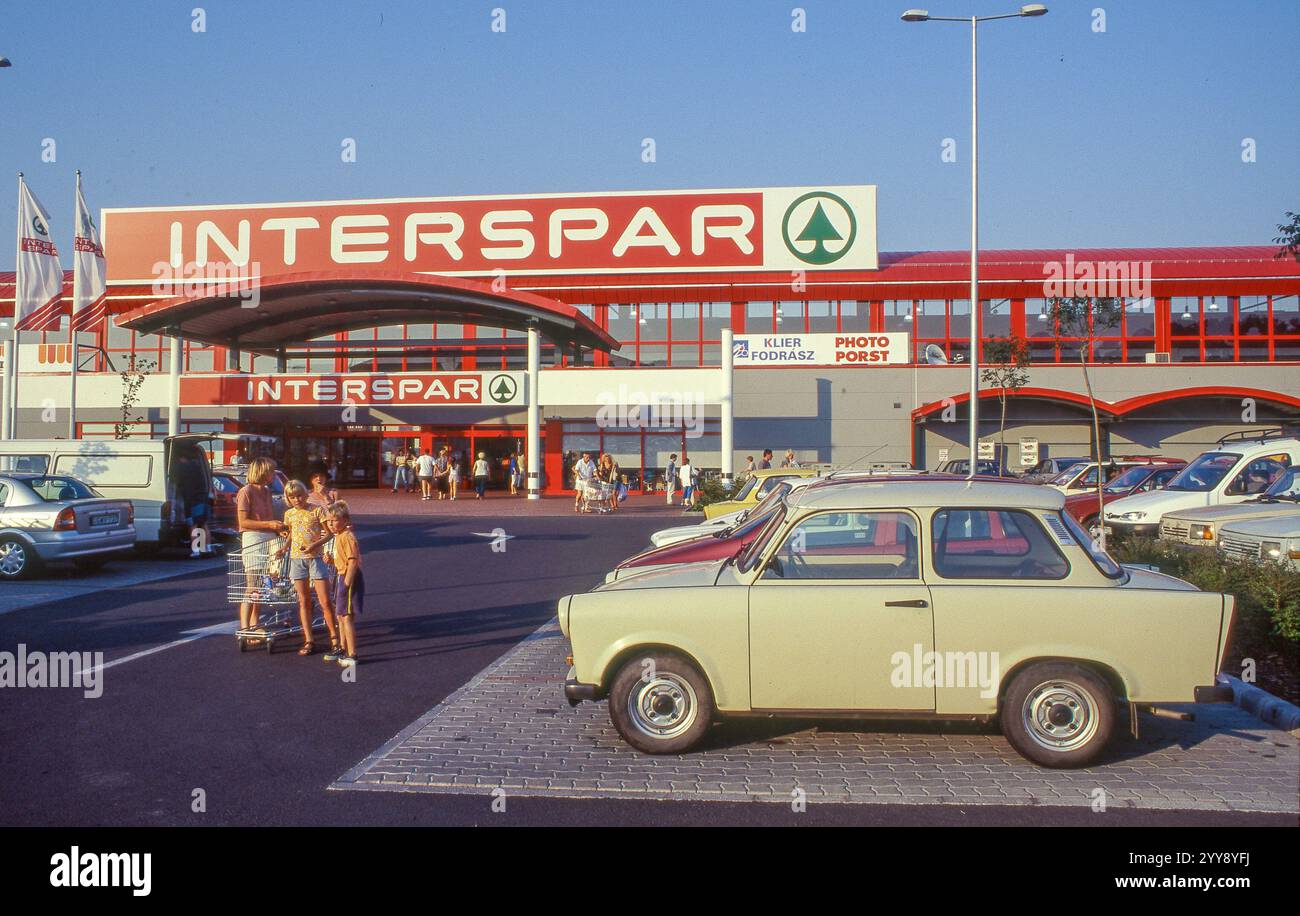 Hungary,Budapest, a Trabant car on the parkinglot of a Spar supermarket ...