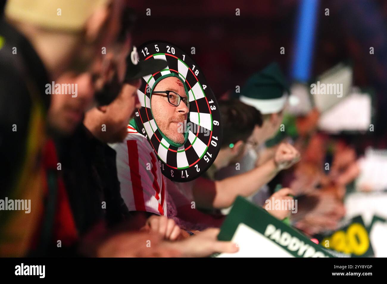 Fan wearing a dartboard on their head during day six of the Paddy Power ...