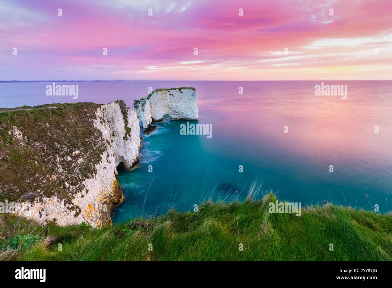 View of the Old Harry Rocks, chalky formations near Handfast Point, on ...