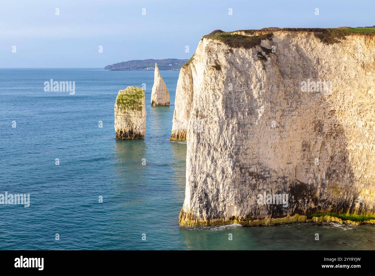View at sunrise of the Old Harry Rocks, chalky formations near Handfast ...