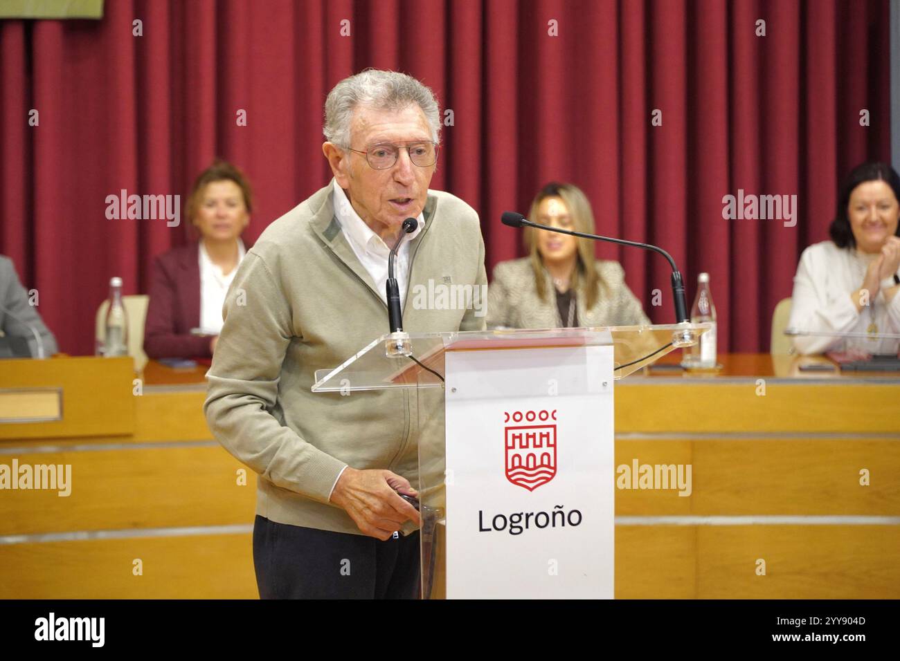 The former mayor of Logroño, Tomás Santos, speaks after receiving the ...