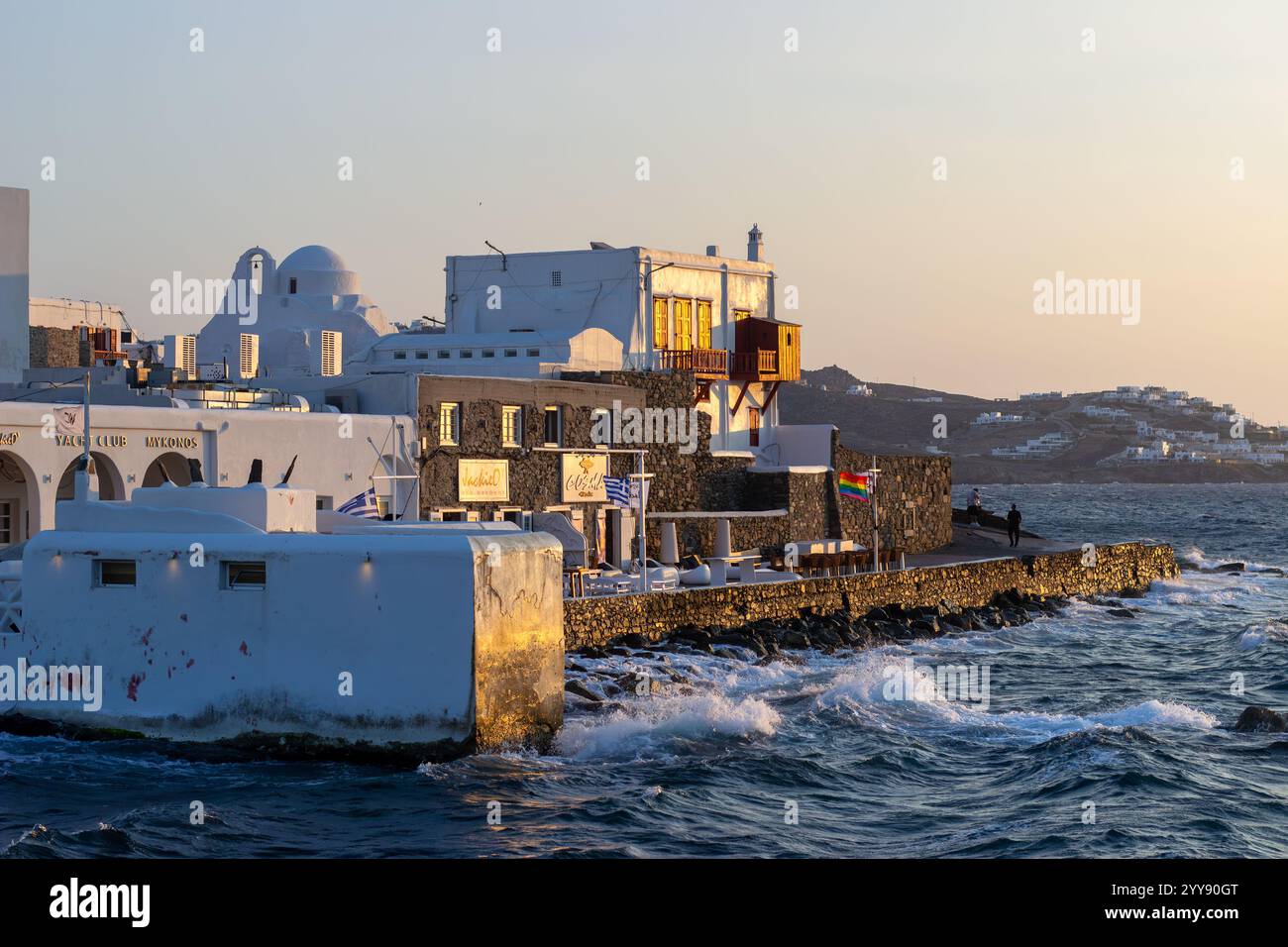 Waterfront architecture in Mykonos at sunset. Traditional Cycladic ...