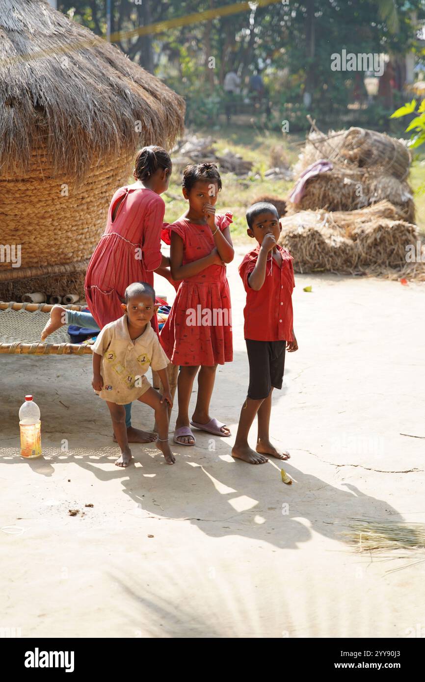 Adivasi children of a Santal hamlet. Birbhum, West Bengal, India Stock ...