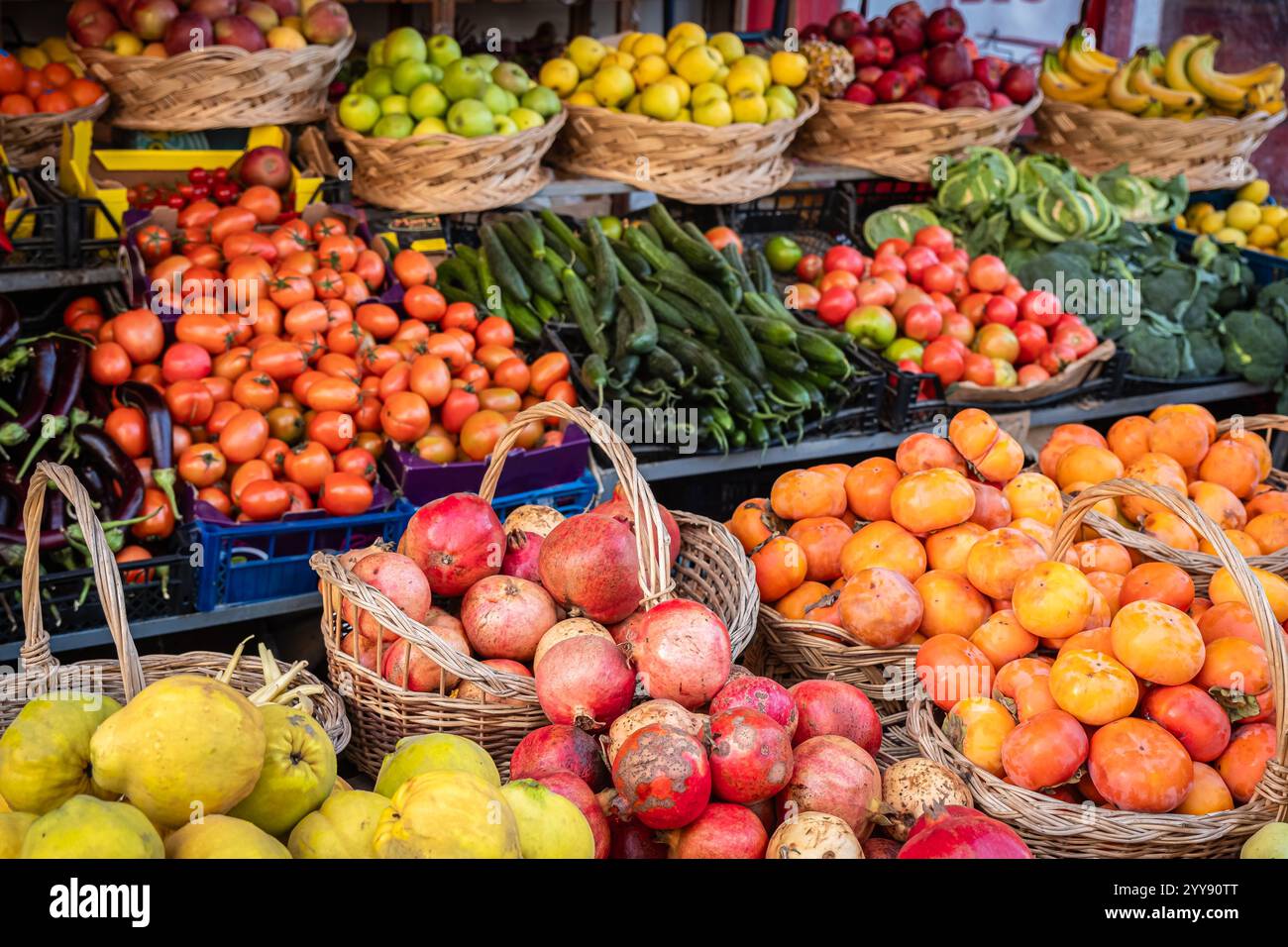 Fruits, vegetables in small grocery store, mini market with outdoor ...