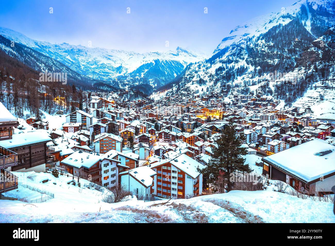 Idyllic Alpine village of Zermatt evening view, luxury winter ...