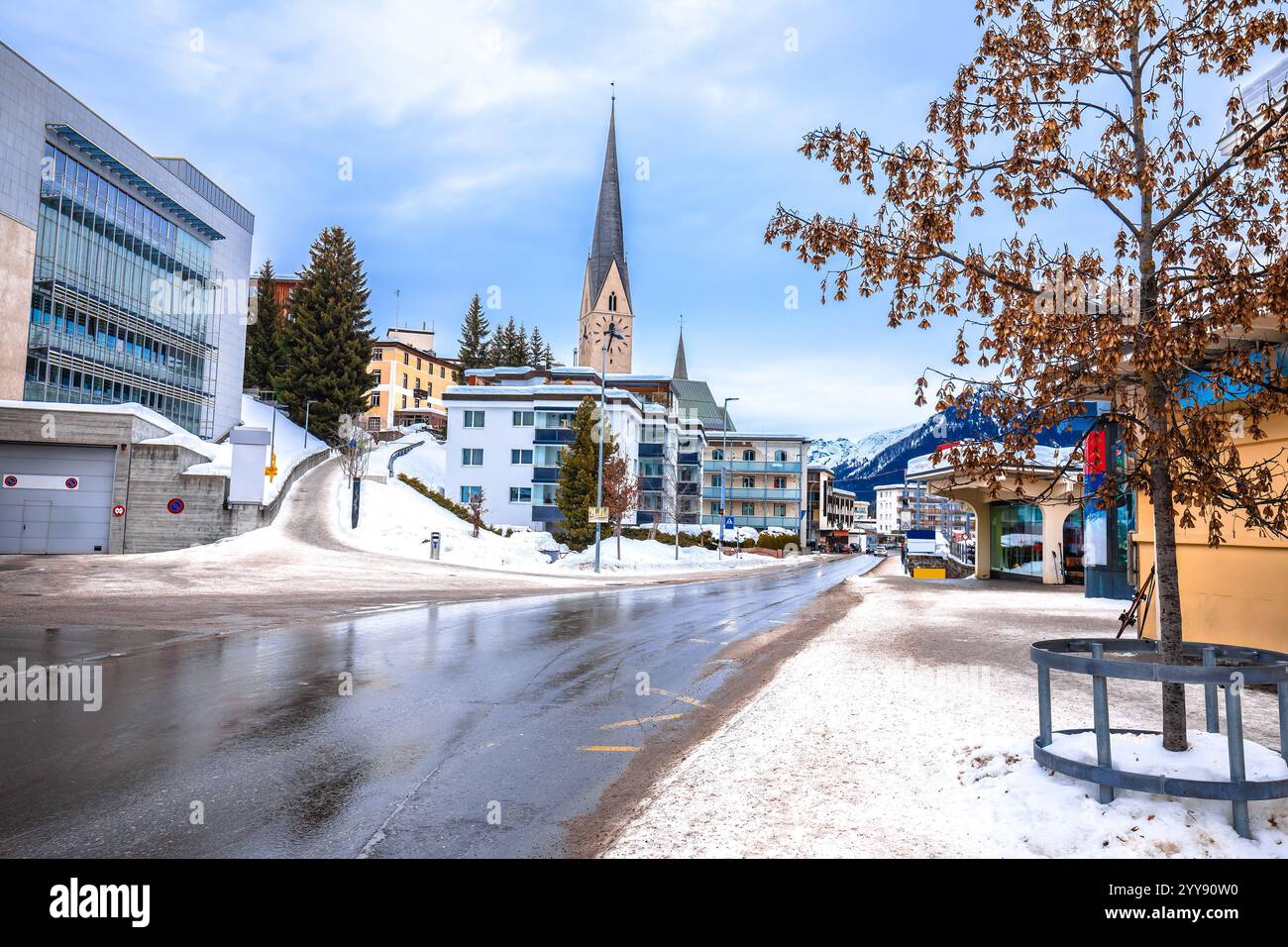 Idyllic mountain town of Davos in Swiss Alps street view, Graubunden ...