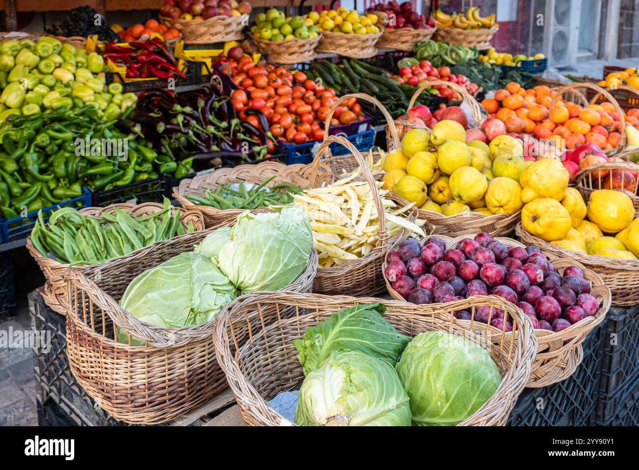Fruits, vegetables in small grocery store, mini market with outdoor ...