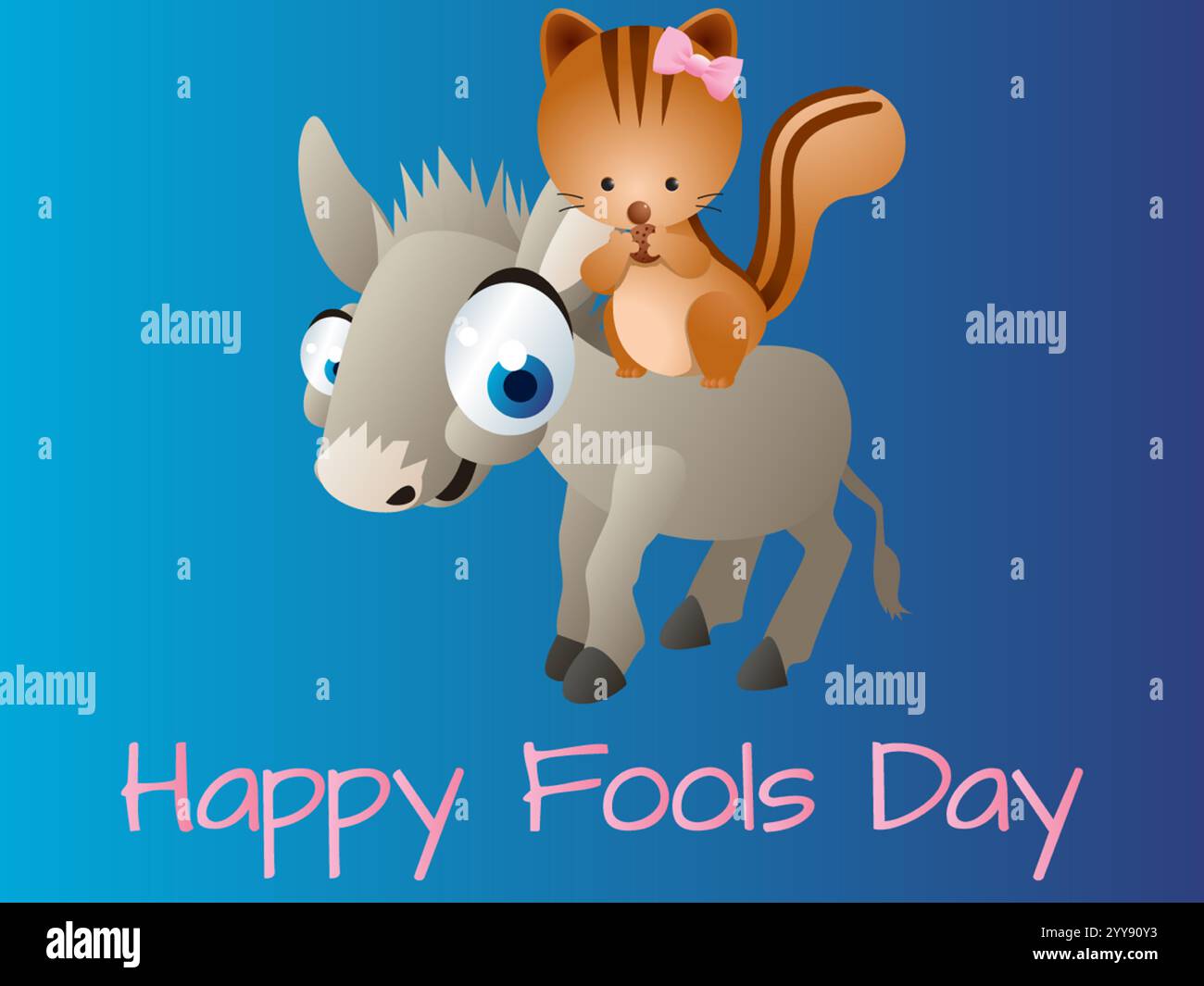 Cartoon of a donkey and a cat on a donkey's back. The donkey has a blue ...