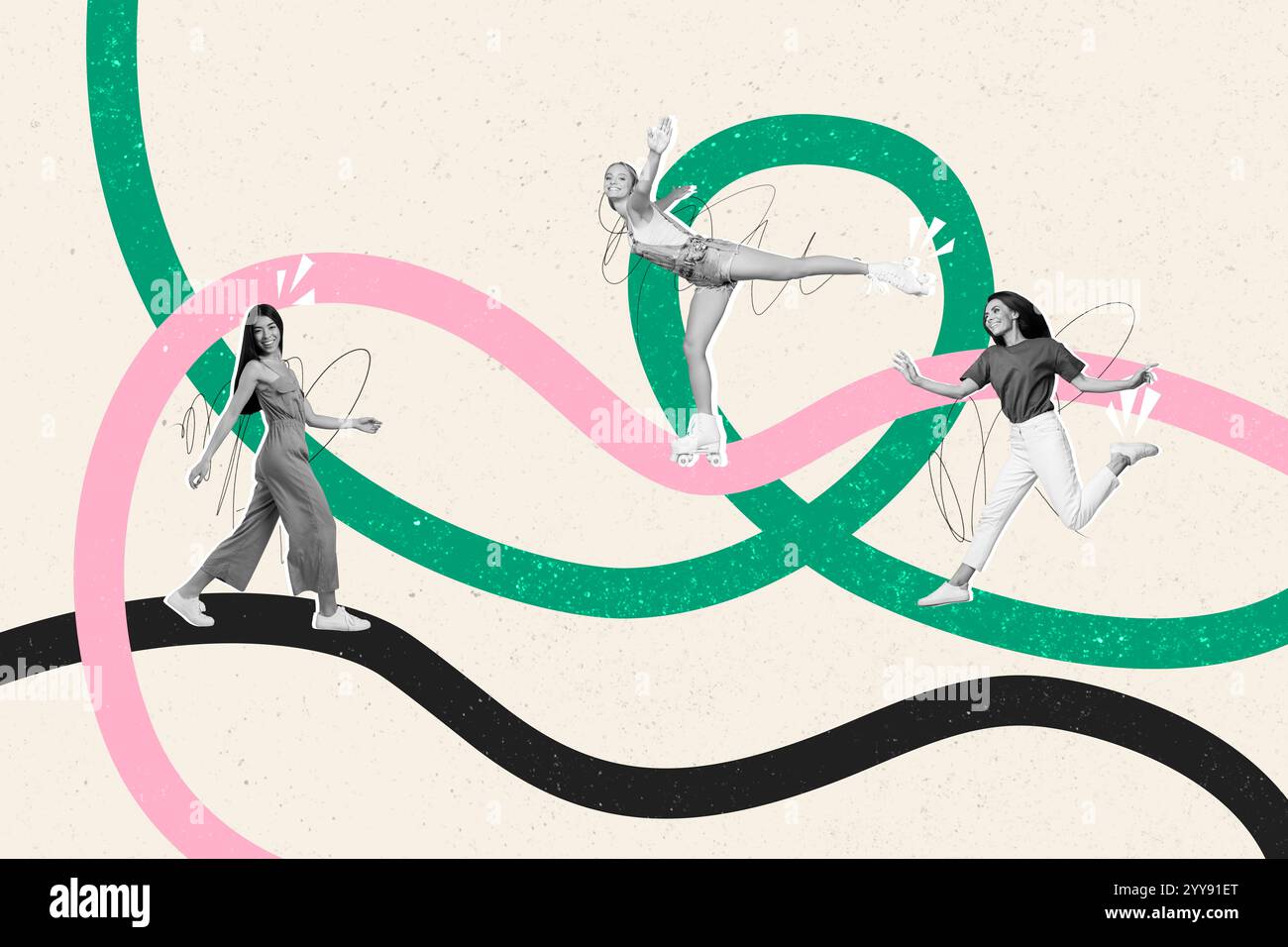 3d sketch poster trend collage image of three happy business girls ride ...