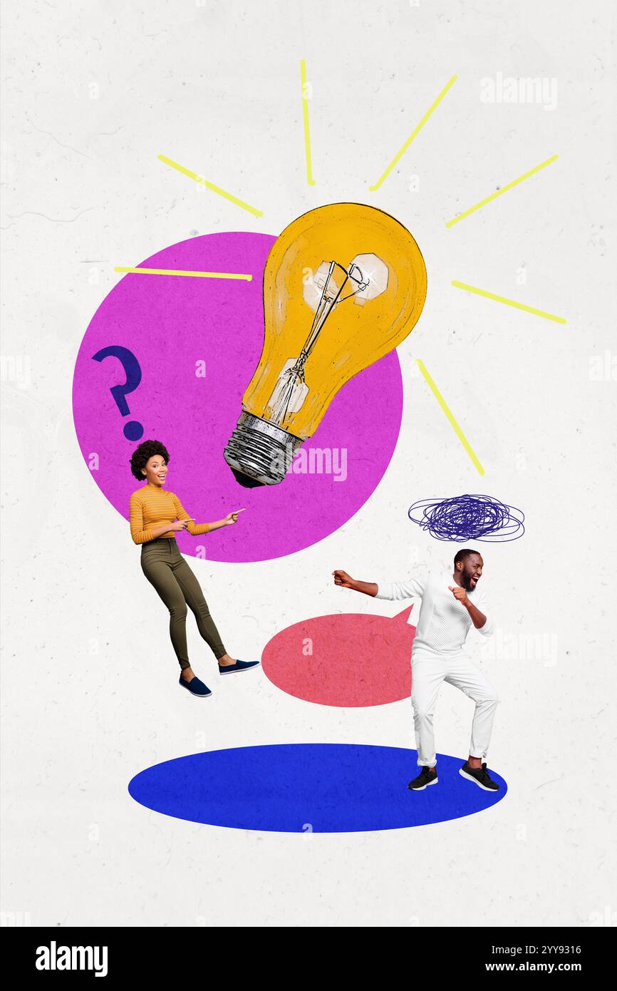 Vertical photo collage of happy american girl guy business partners ...