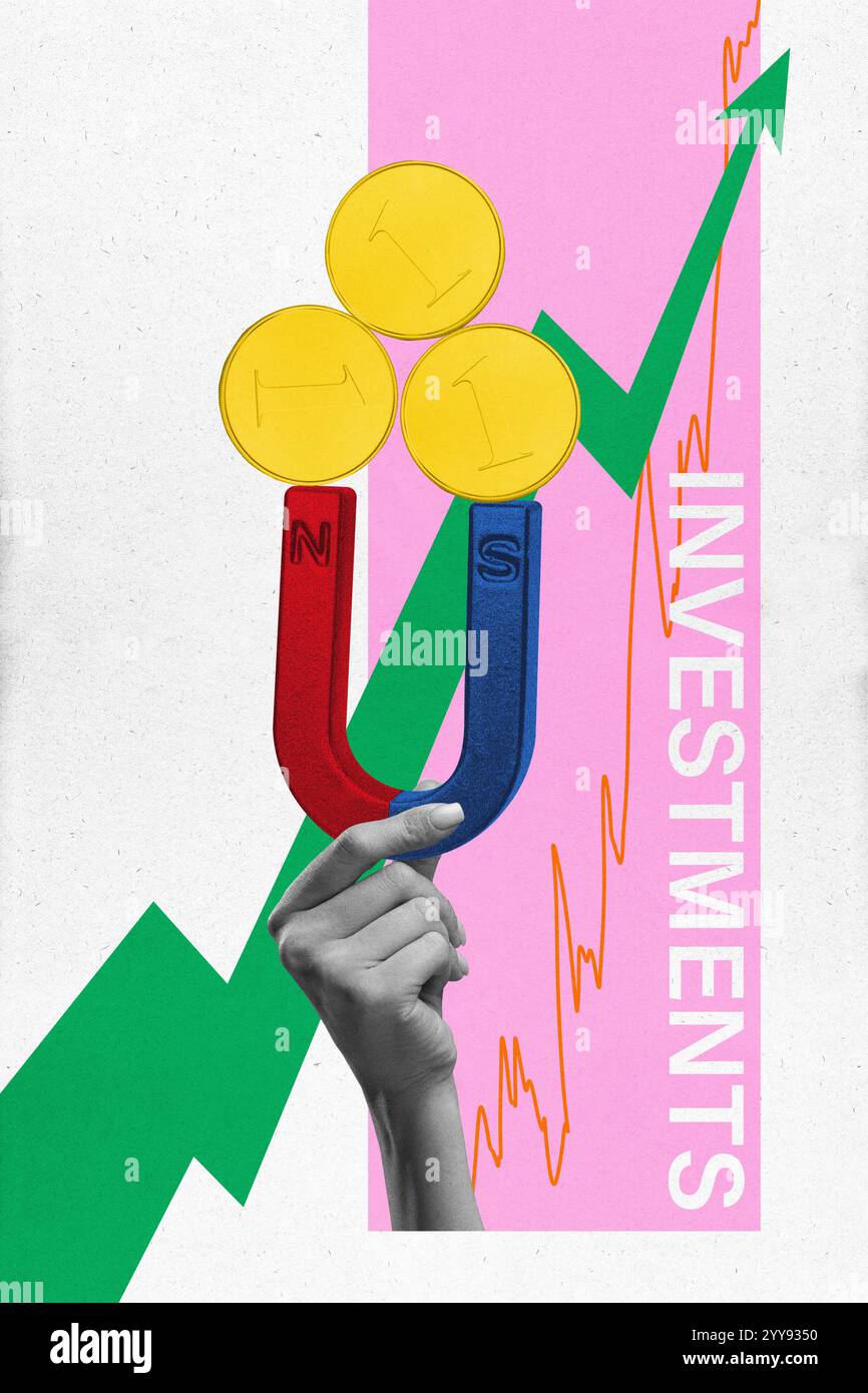Contemporary art collage. hand holding magnet with golden coins against ...