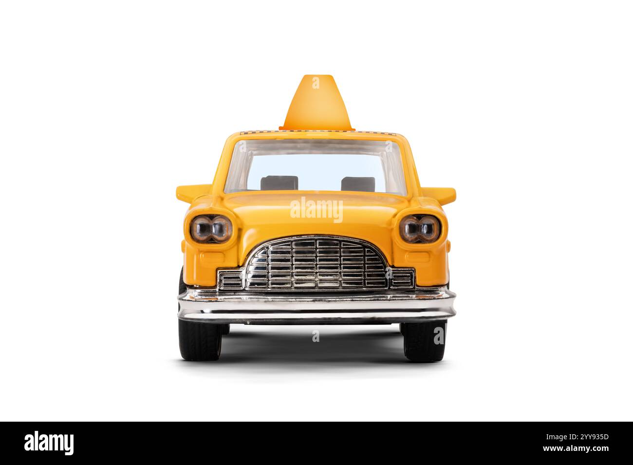 Front view of a detailed yellow toy taxi against a white background ...