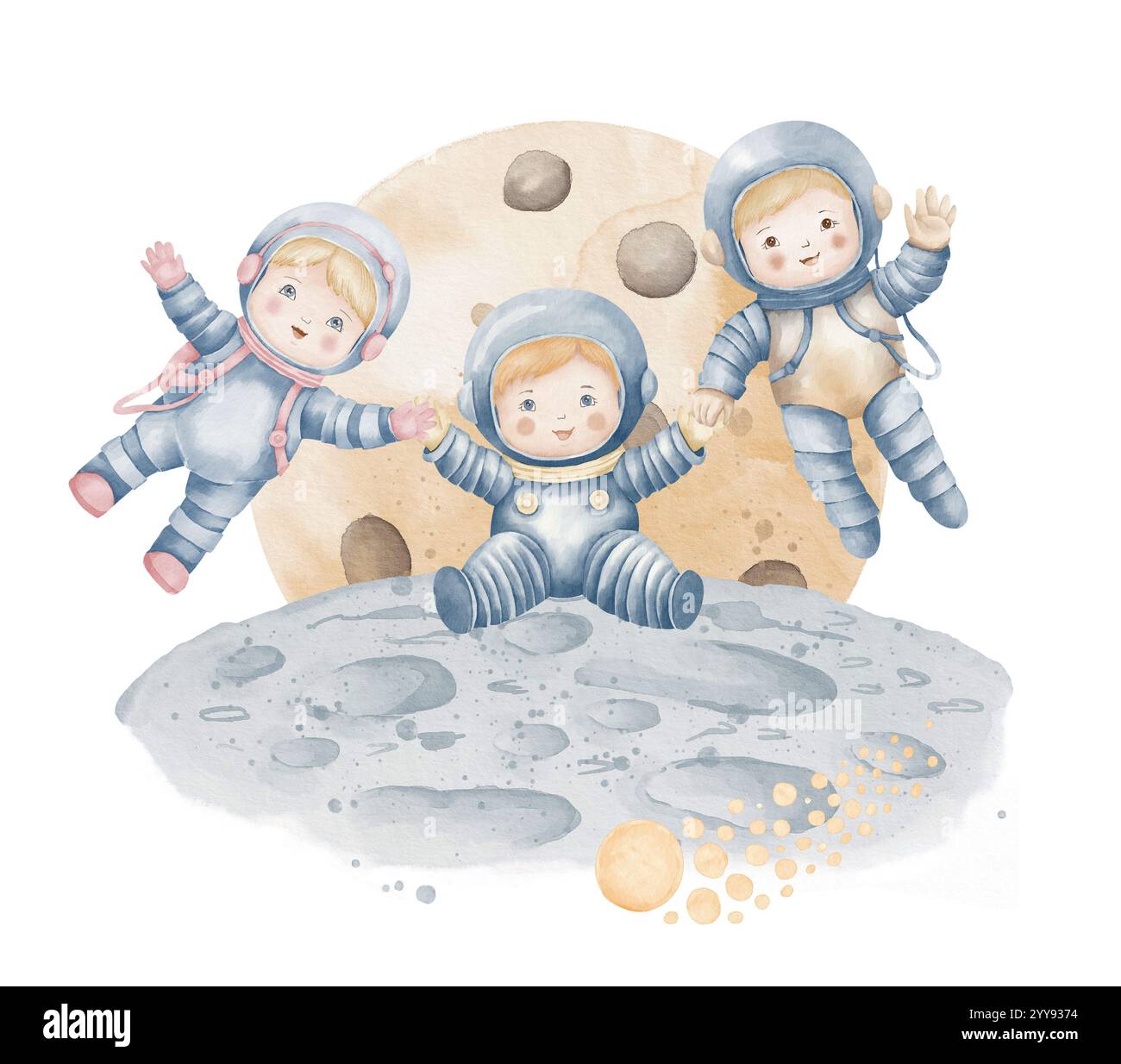 Watercolor illustration of a cute astronauts and moon surface with ...
