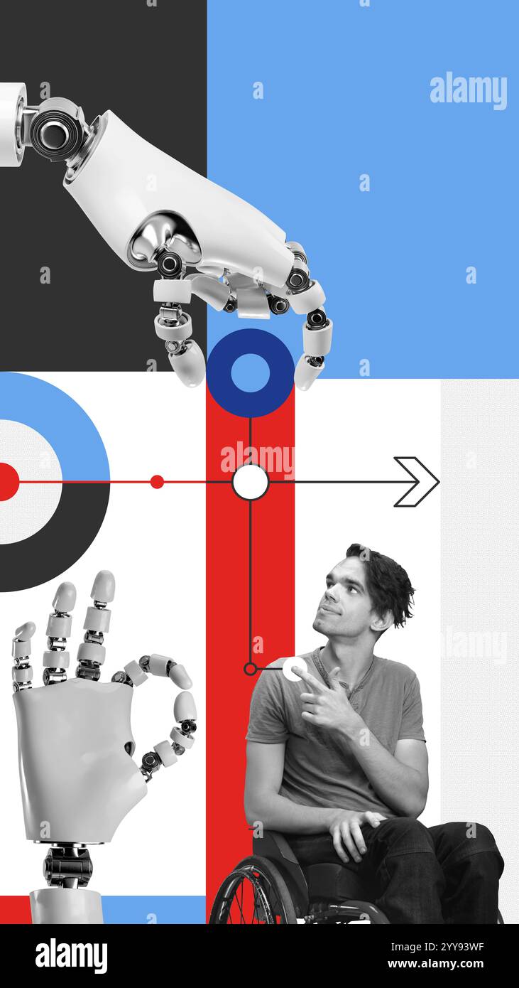 Man in wheelchair looks at robotic, symbolizing partnership between ...