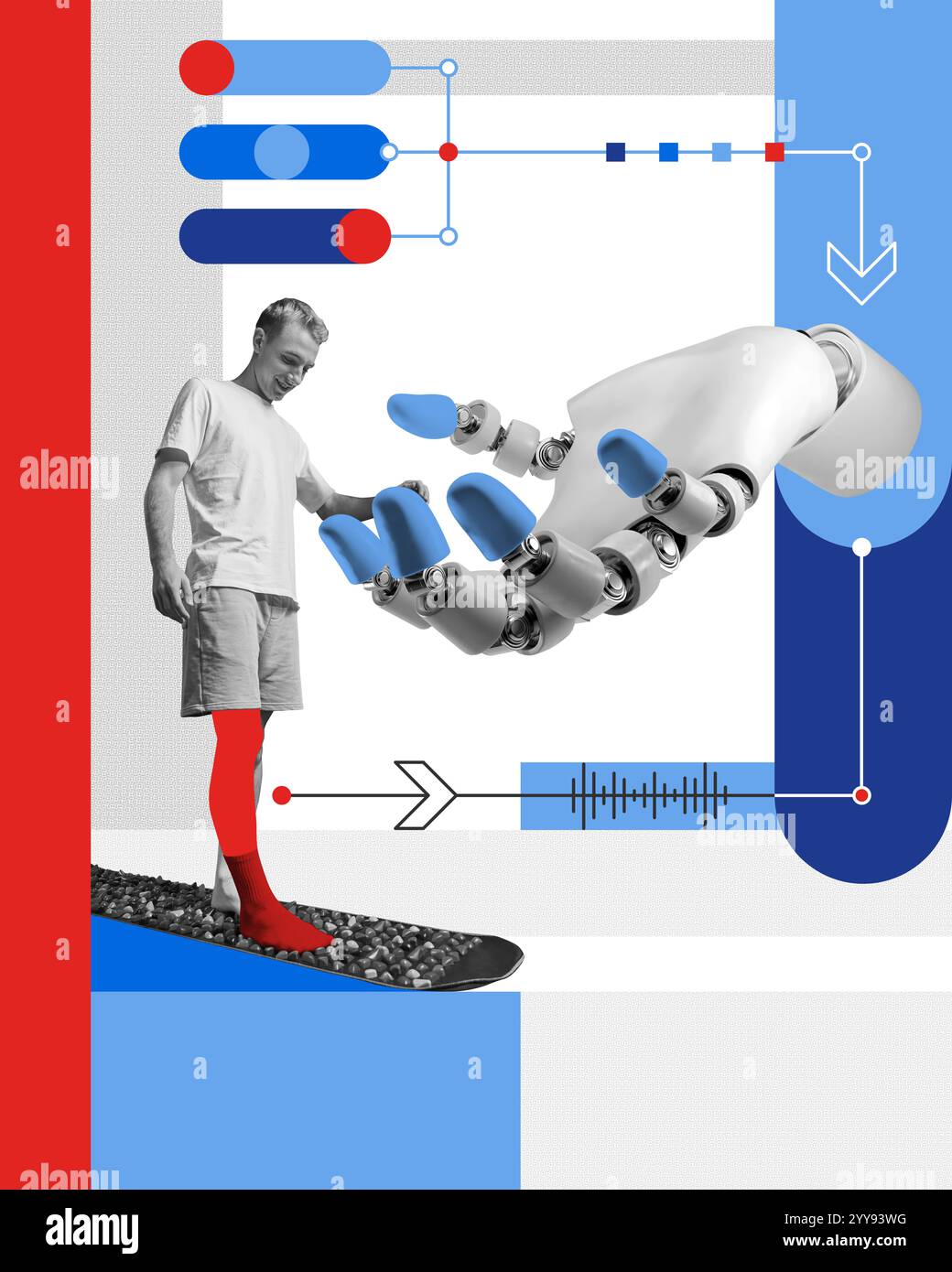 Young man using rehabilitation equipment with robotic hand assisting ...