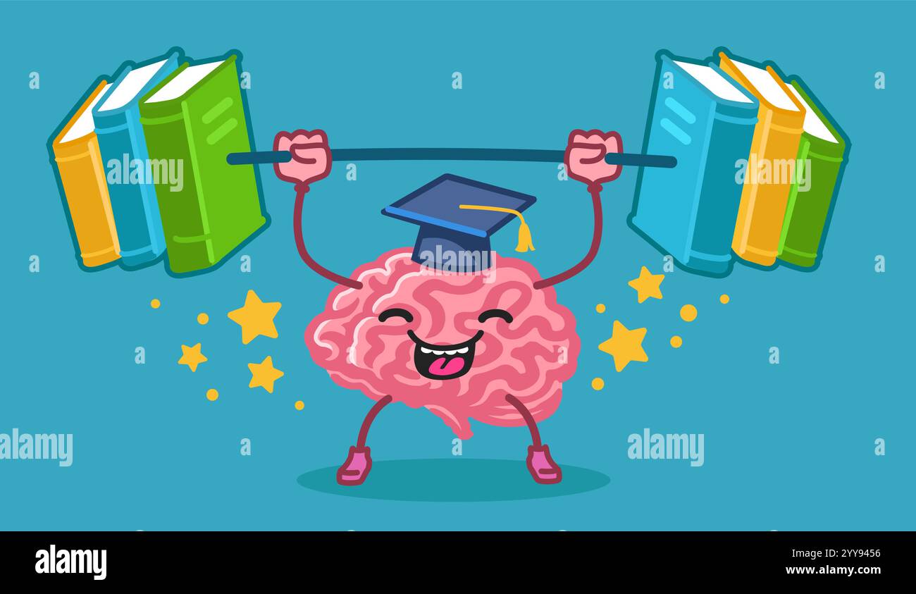 Brain training, workout for mind. Character lifts barbell weight with ...