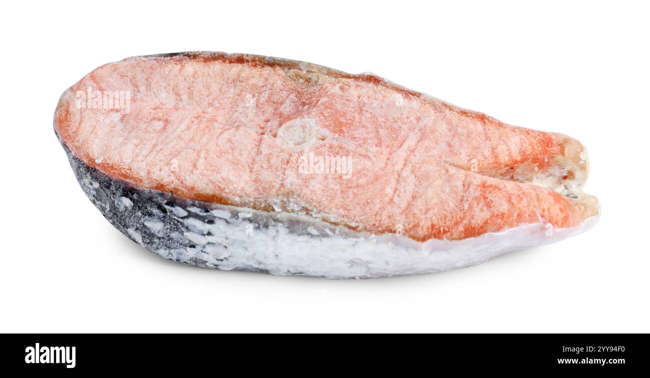 One frozen salmon steak isolated on white Stock Photo - Alamy