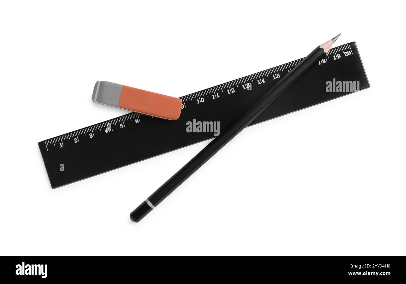 Ruler, pencil and eraser isolated on white, top view Stock Photo - Alamy