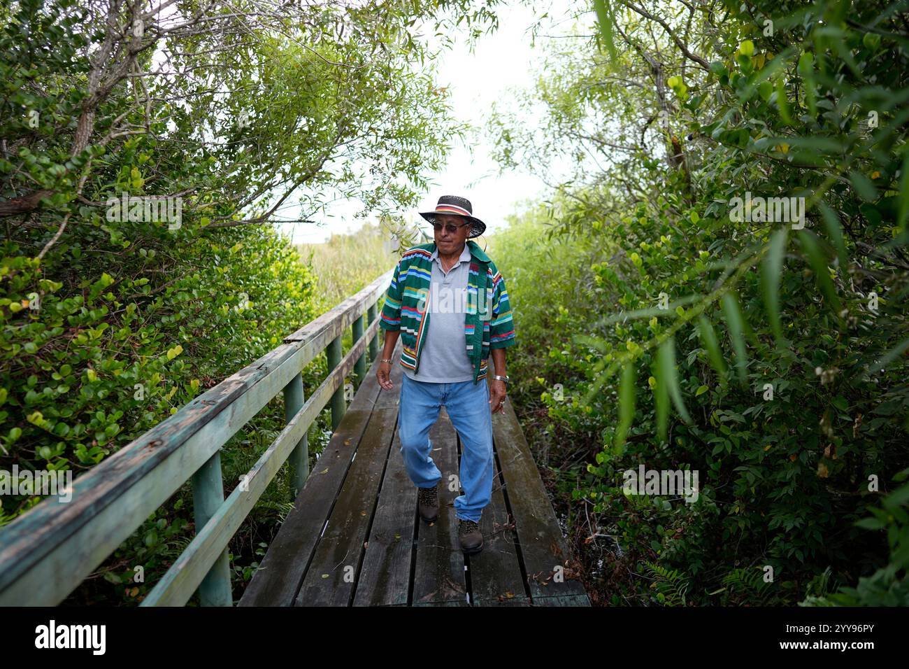 Miccosukee Tribal elder Michael Frank walks along a raised walkway on Rice Island, one of ...
