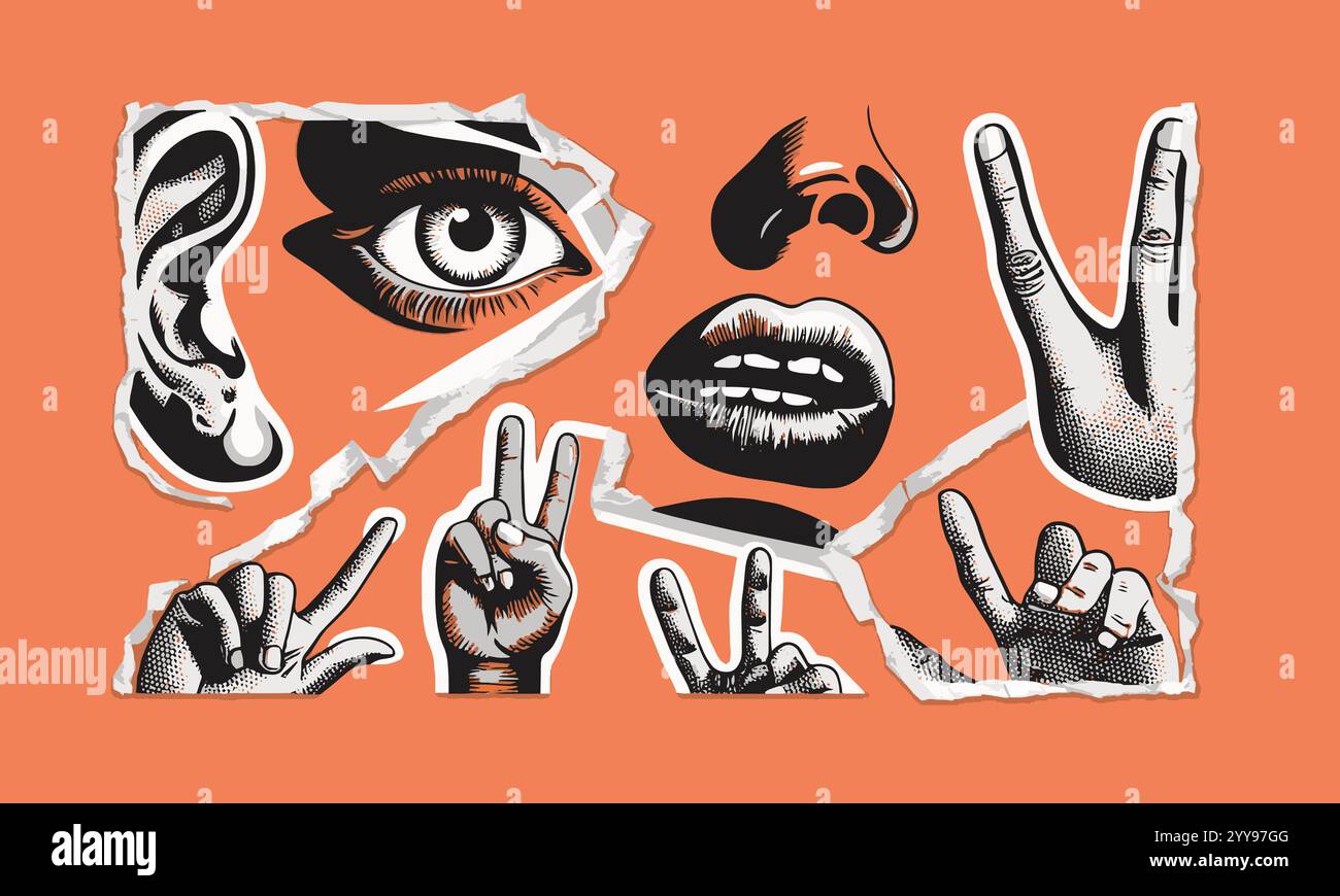 Body parts collage elements eye-hand nose ear smiling mouth and lips ...
