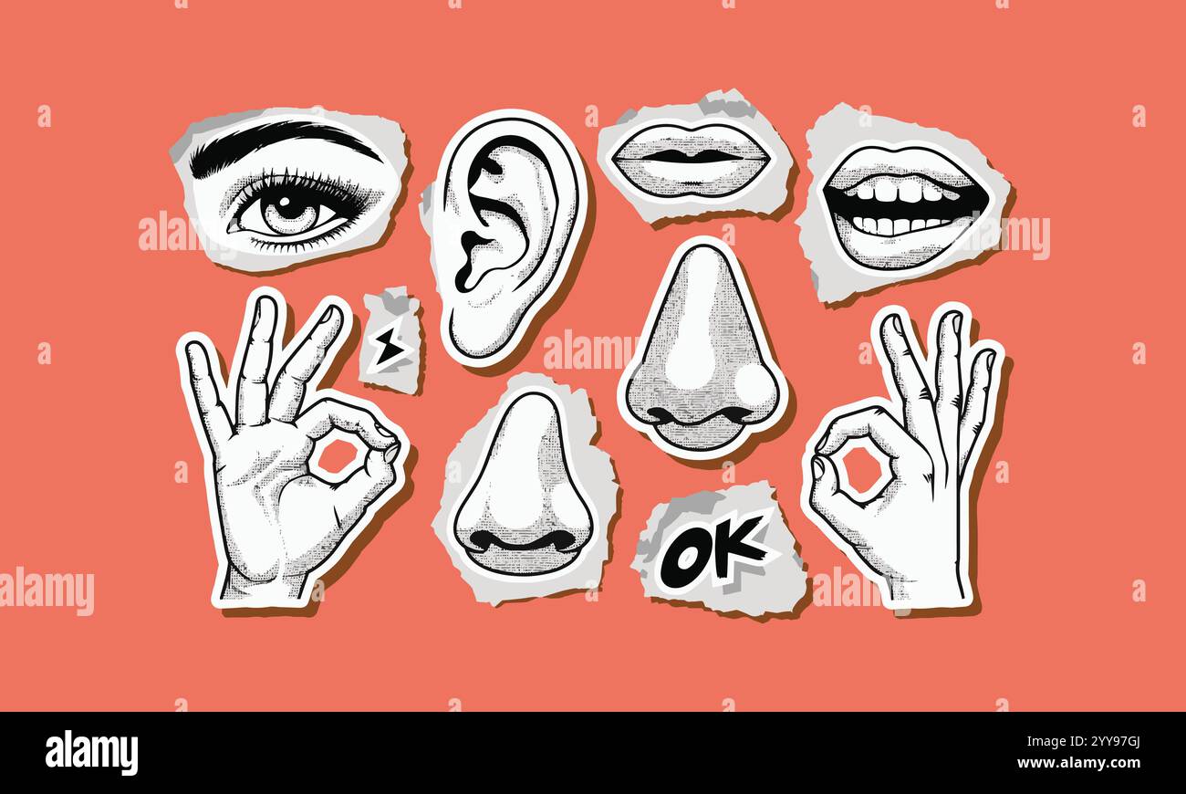 Body parts collage elements eye-hand nose ear smiling mouth and lips ...