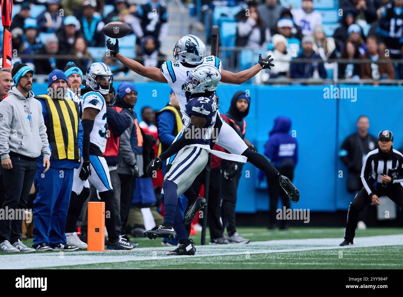 Carolina Panthers wide receiver Jalen Coker (18) tries to make a catch ...