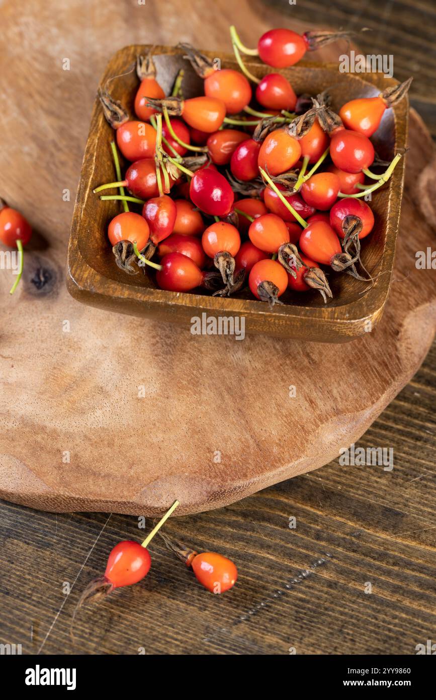 group of red rosehip fruits on a table, a harvest of fresh red fruits ...