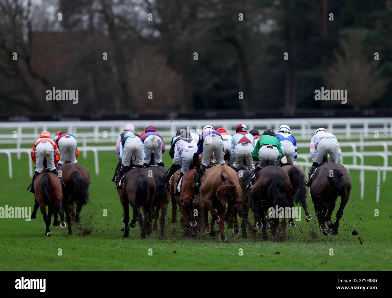 Runners and riders in action during the Racetech Handicap Hurdle on ...