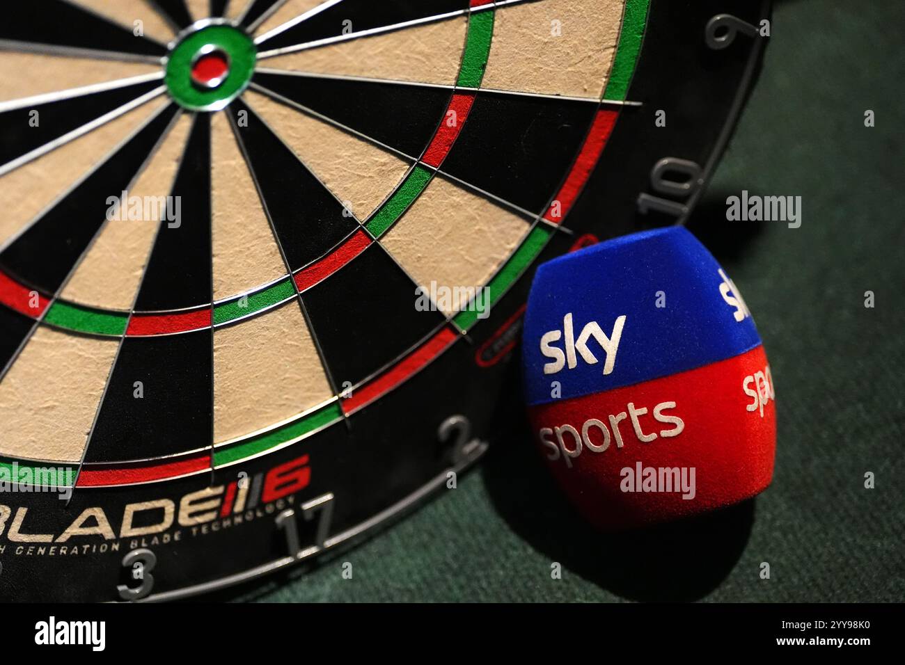 A general view of a Sky Sports mic pop filter next to a dartboard ...