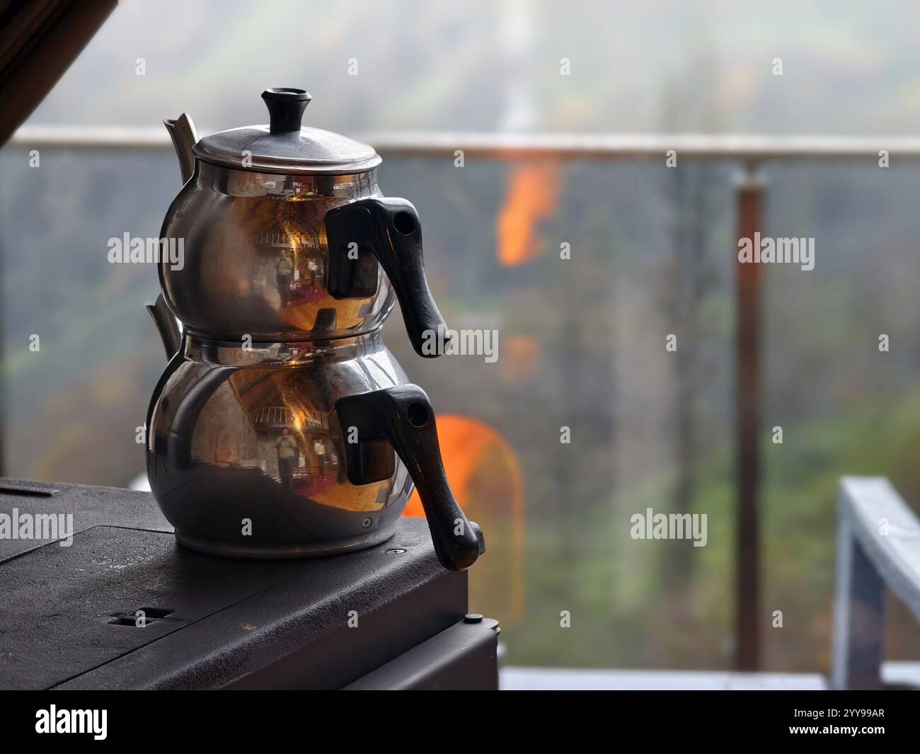 A traditional double teapot kettle made of stainless steel or Turkish ...