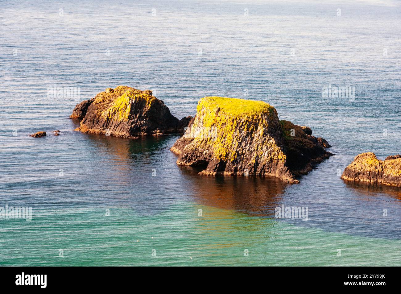 Three large rocks are sitting on the shore of a body of water. The ...