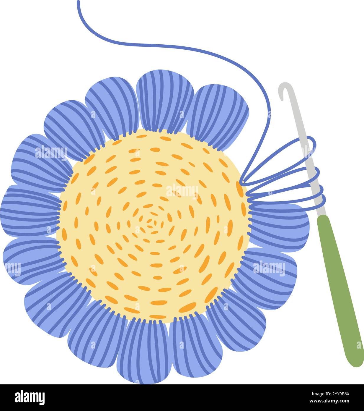 Crochet hook with blue yarn wrapped around is creating a crocheted ...