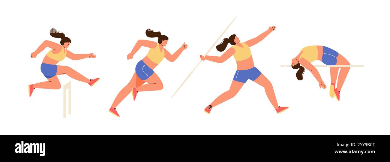 Types of athletics running with an obstacle, high jump, javelin ...