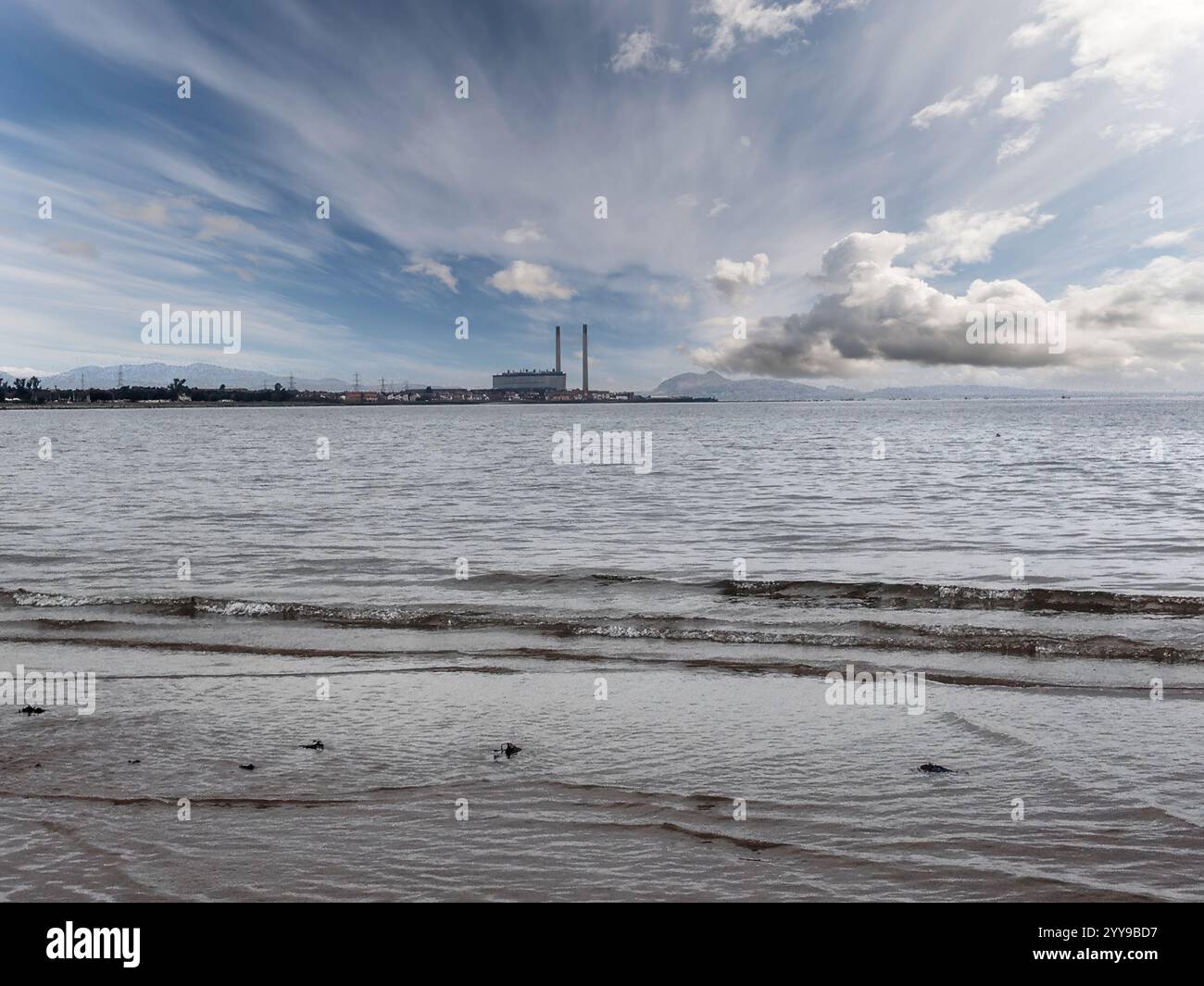 View across bay of Cockenzie power station chimneys, now demolished ...