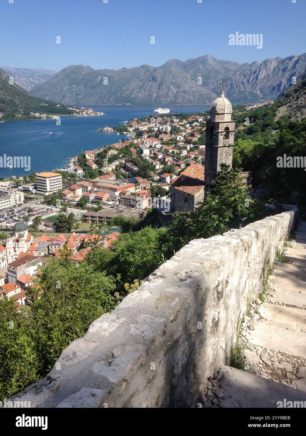 View of historic town of Kotor and Kotor Bay from above looking down ...