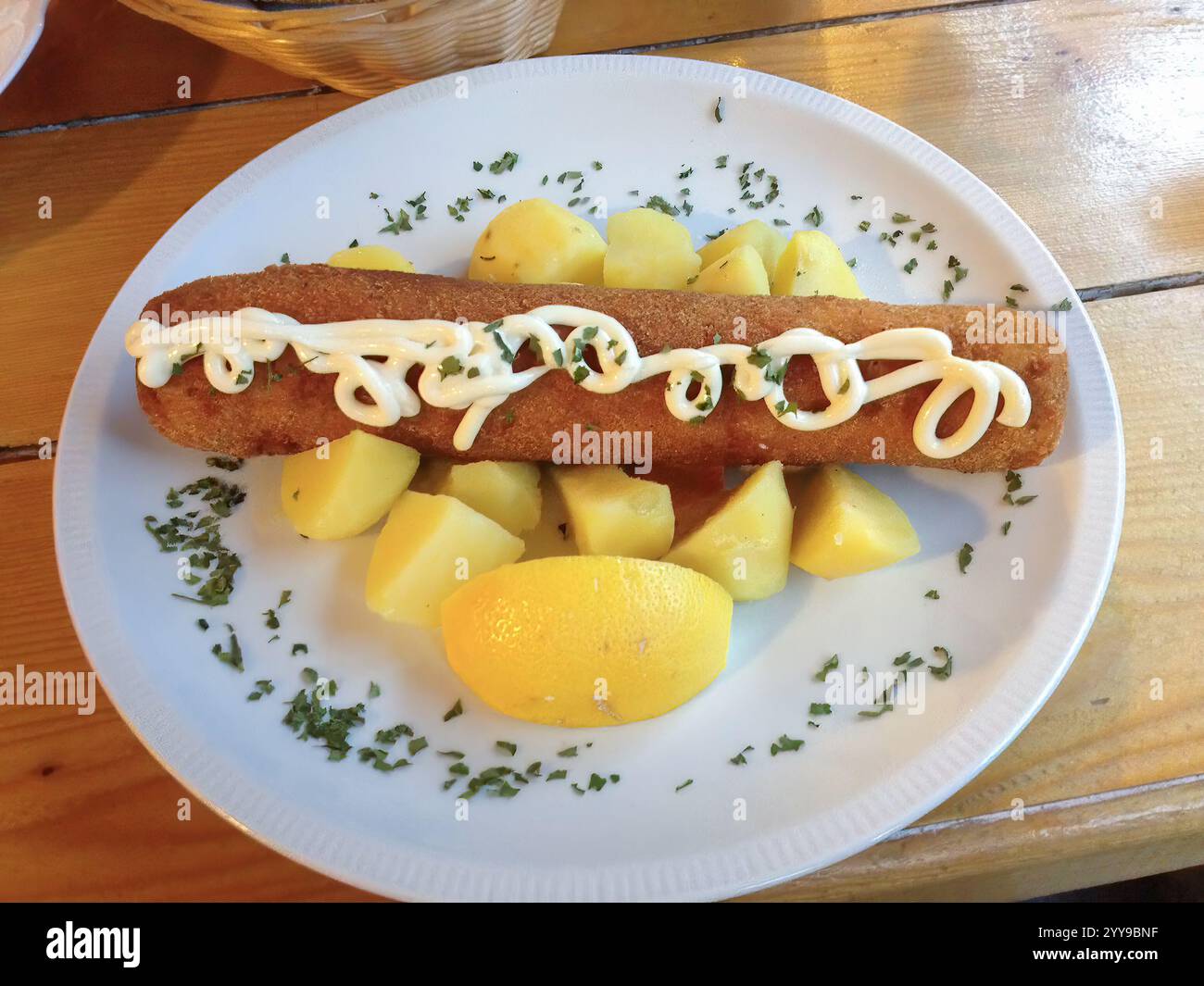 Dinner plate with local food: breaded meat and potatoes, Montenegro ...