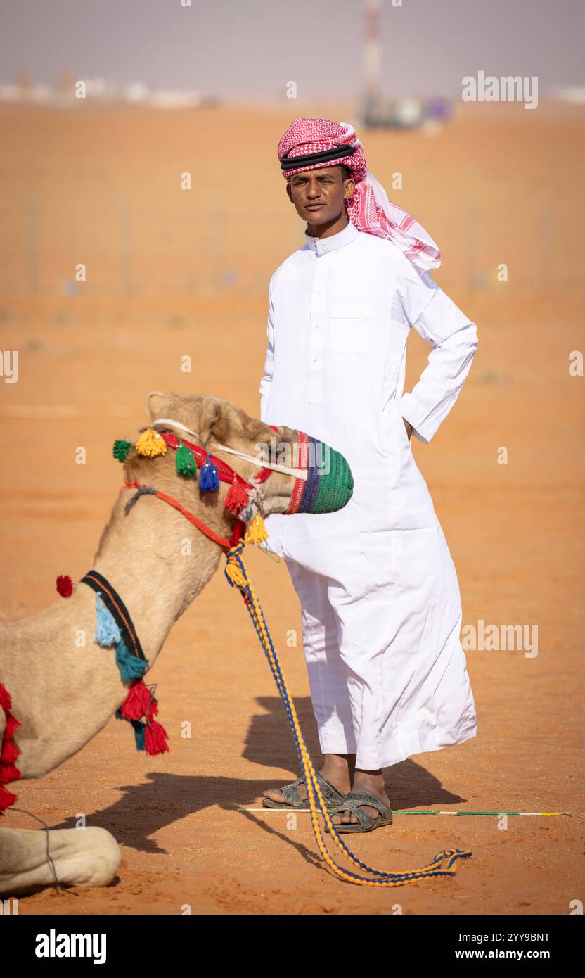 Al-Sayahid, KSA, 14th December 2024: camel rider in traditional ...