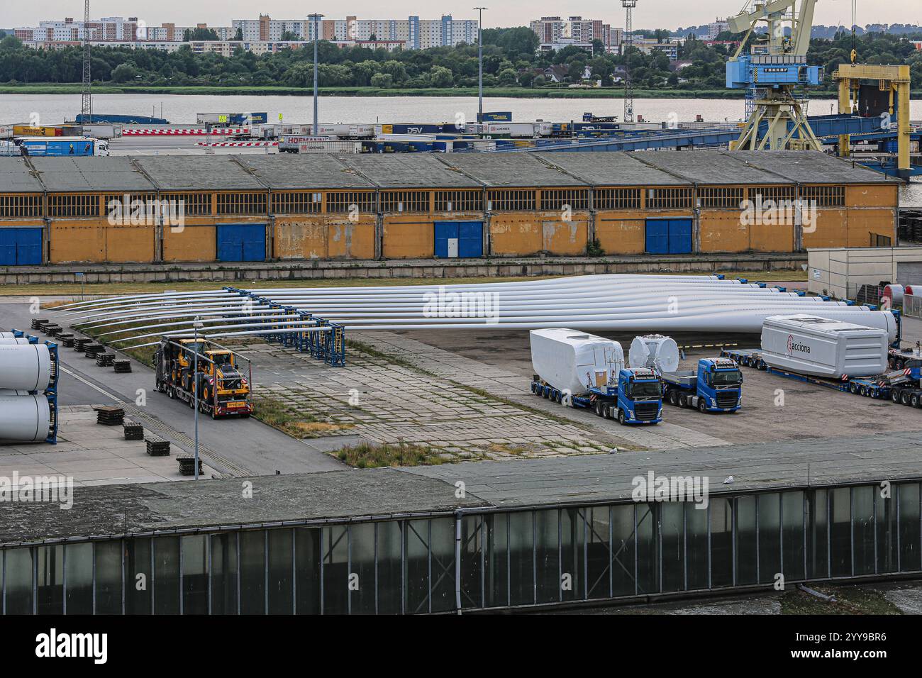 Parts for wind turbines stored at the Rostock's port, loading/unloading ...