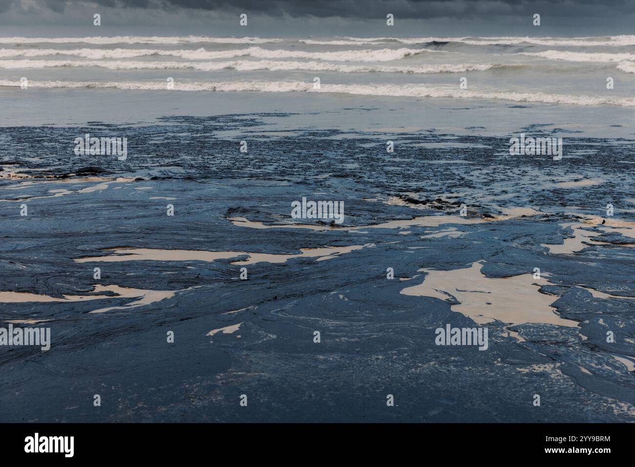 Oil leak in ocean coastline after a tanker wreck. Oil fuel polluted and ...