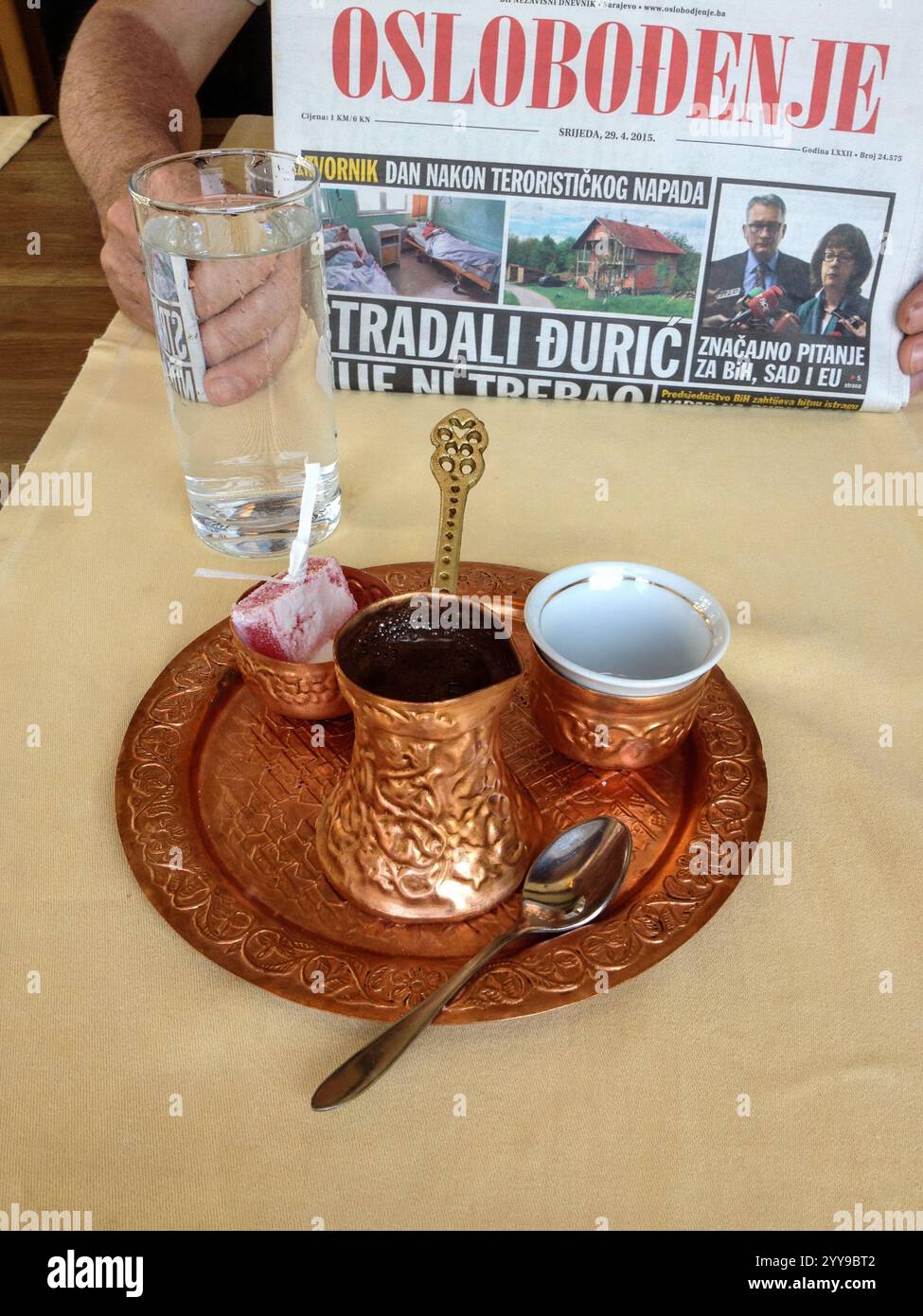 Traditional Turkish coffee, Turkish Delight sweet and local newspaper ...
