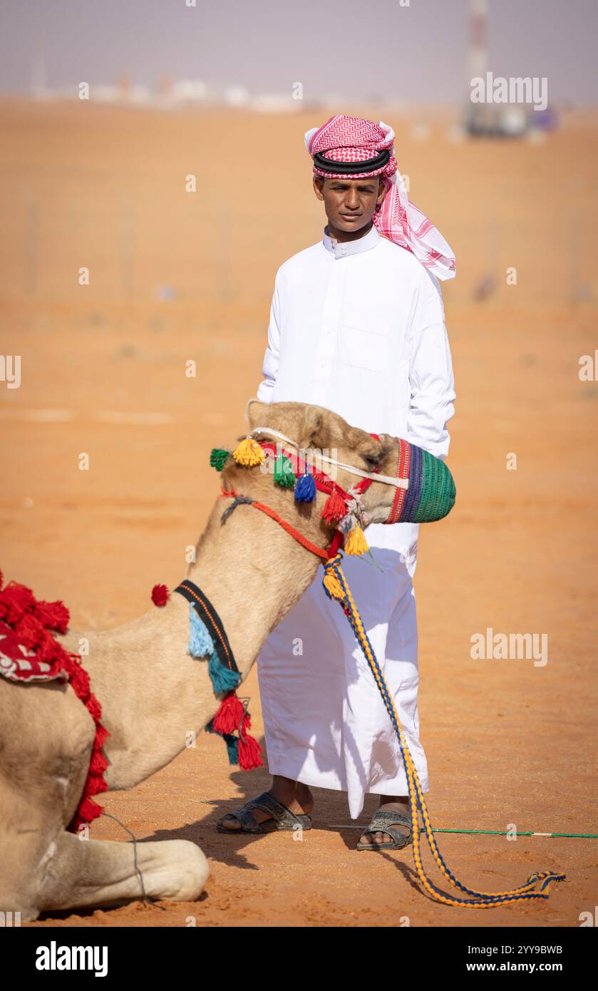 Al-Sayahid, KSA, 14th December 2024: camel rider in traditional ...